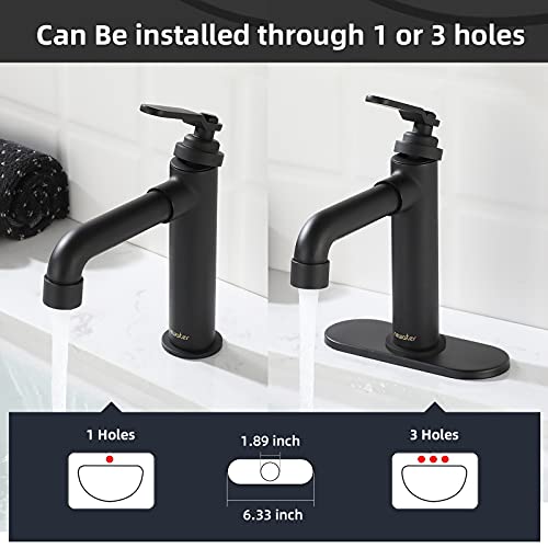NEWATER Single-Handle Brass Bathroom Sink Faucet One Hole Deck Mount Vanity Faucets Basin Mixer Tap Rv Commercial Lavatory Faucet with Metal Pop Up Drain & Supply Lines,Matte Black
