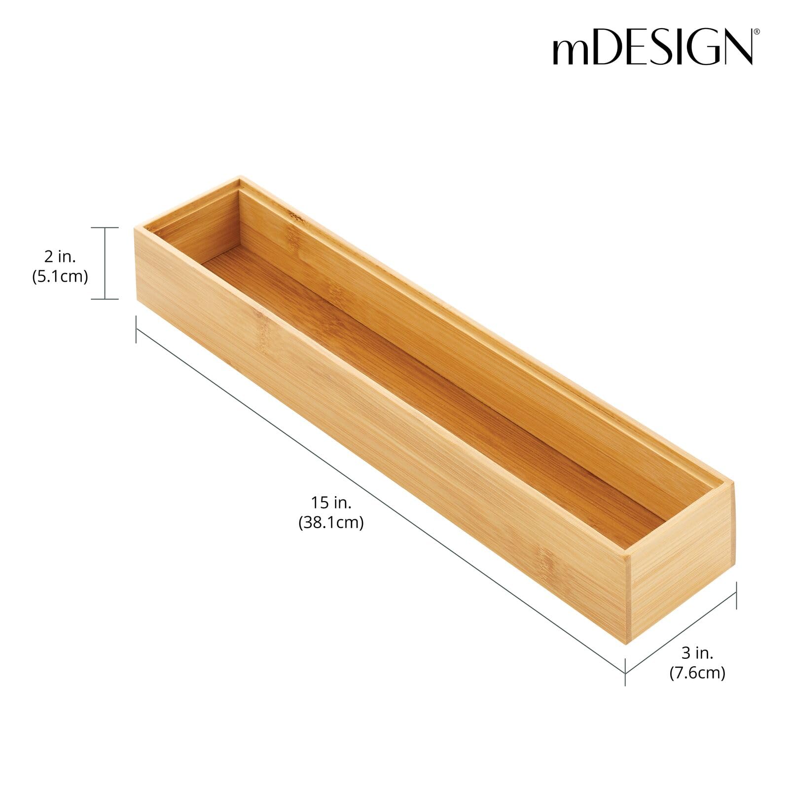 mDesign Slim Wooden Bamboo Drawer Organizer - 15" Long Stackable Storage Box Tray for Kitchen Drawers/Cabinet - Utensil, Silverware, Spatula, Flatware Holder - Echo Collection, 4 Pack, Natural Wood