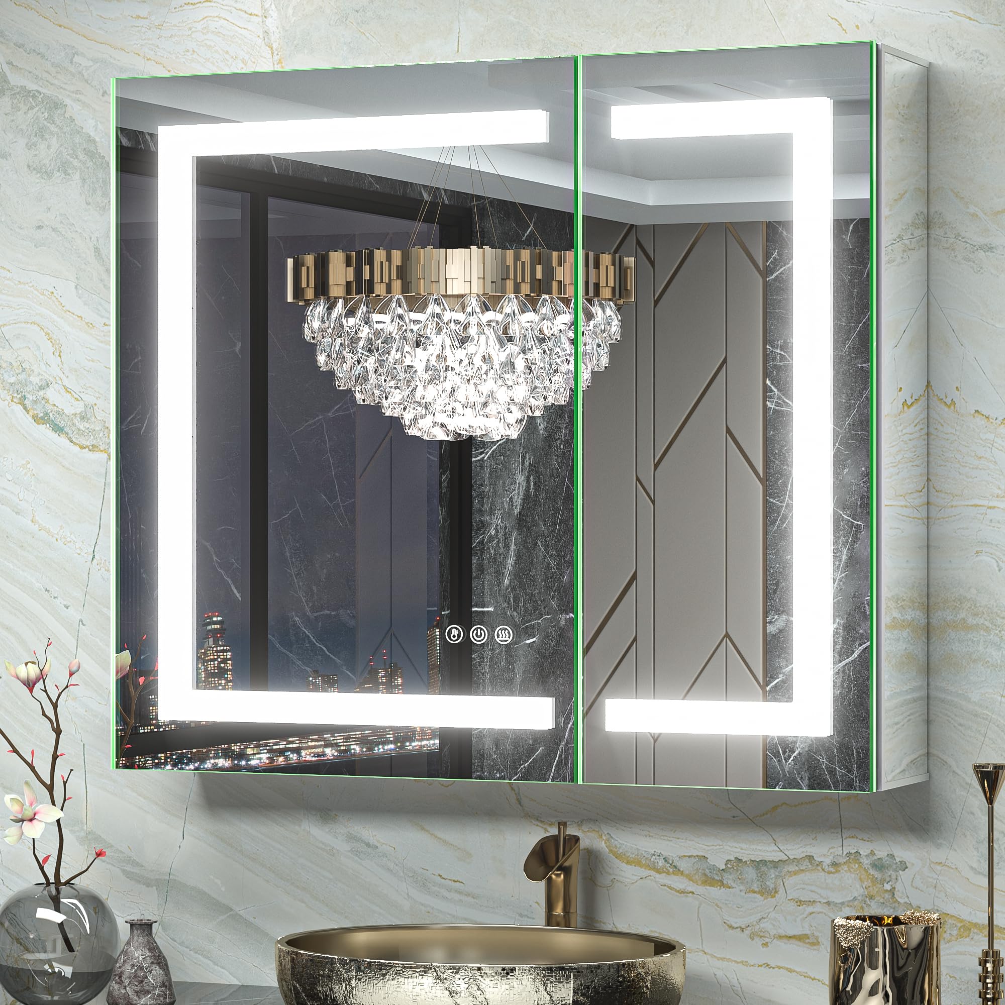 TokeShimi 30x26 Lighted Medicine Cabinet for Bathroom with Mirror and Electrical Outlet Anti-Fog 3 Colors Temperature Dimmable Surface or Recessed Mount for Bathroom Storage