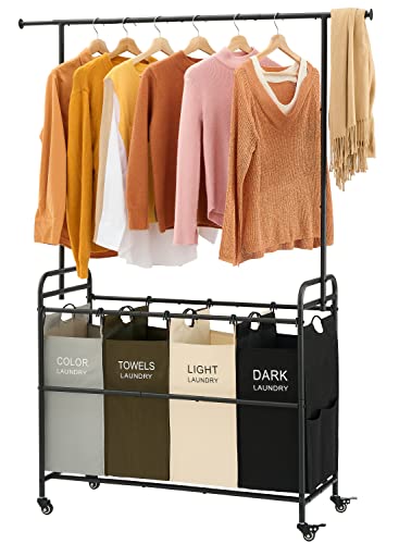 Tajsoon Laundry Sorter Cart with Hanging Clothes Rack, 4 Butler Sorter Basket Organizer, Laundry Hamper Cart with Heavy Duty Rolling Lockable Wheels, 4 Colors