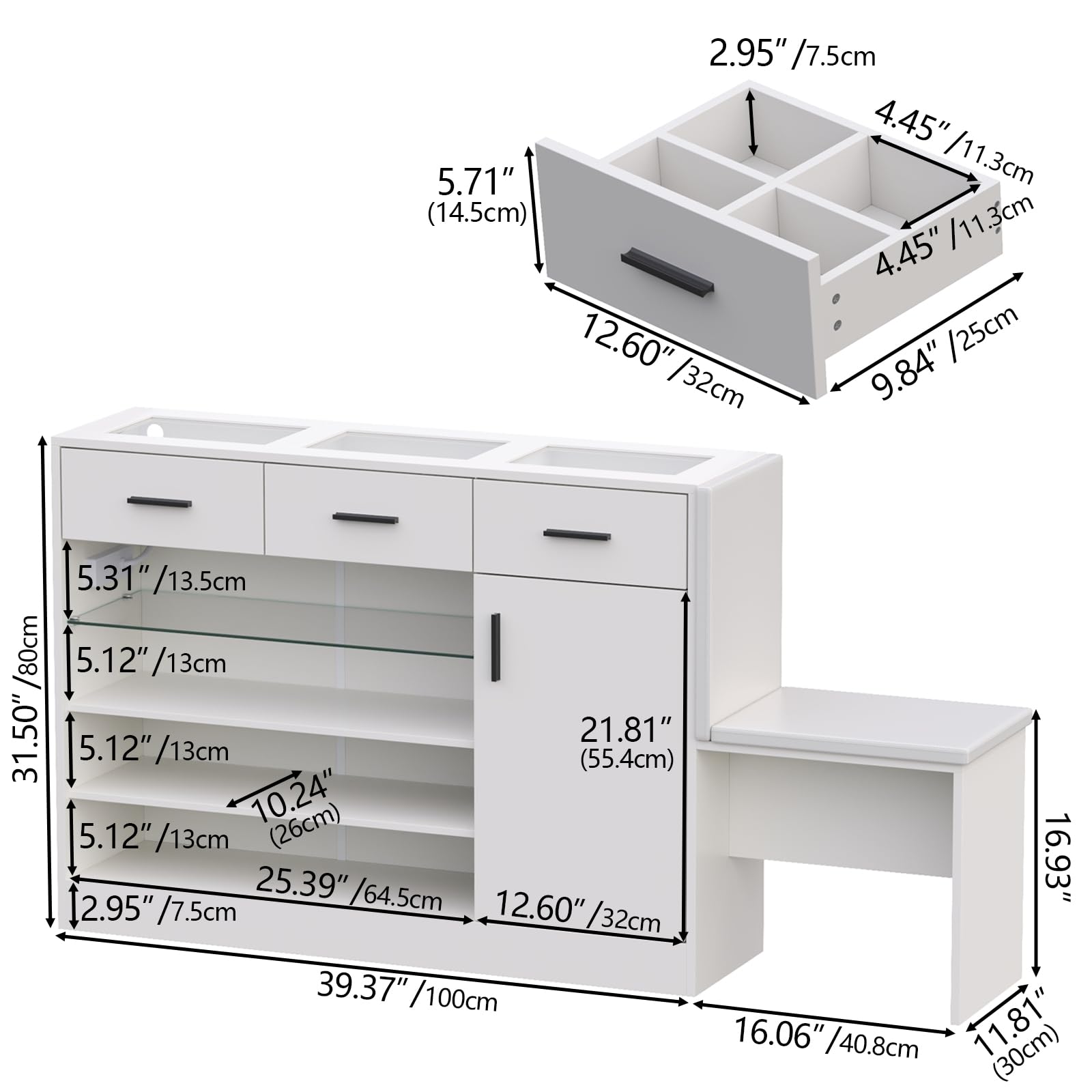 Wardrobe Armoire Closet with Charging & LED Light,Walk-in Closet Island Dresser with Glass Showcase,3 Drawers & Doors, Modern Storage Display Cabinet with Bench for Bedroom,Fitting Room & Shops(White)