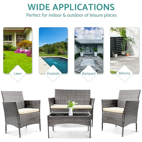 TINKLE WELL 4-Piece Brown Patio Furniture Set β Sectional Wicker Rattan Sofa with Thick Cushions and Table for Garden, Yard, or Porch