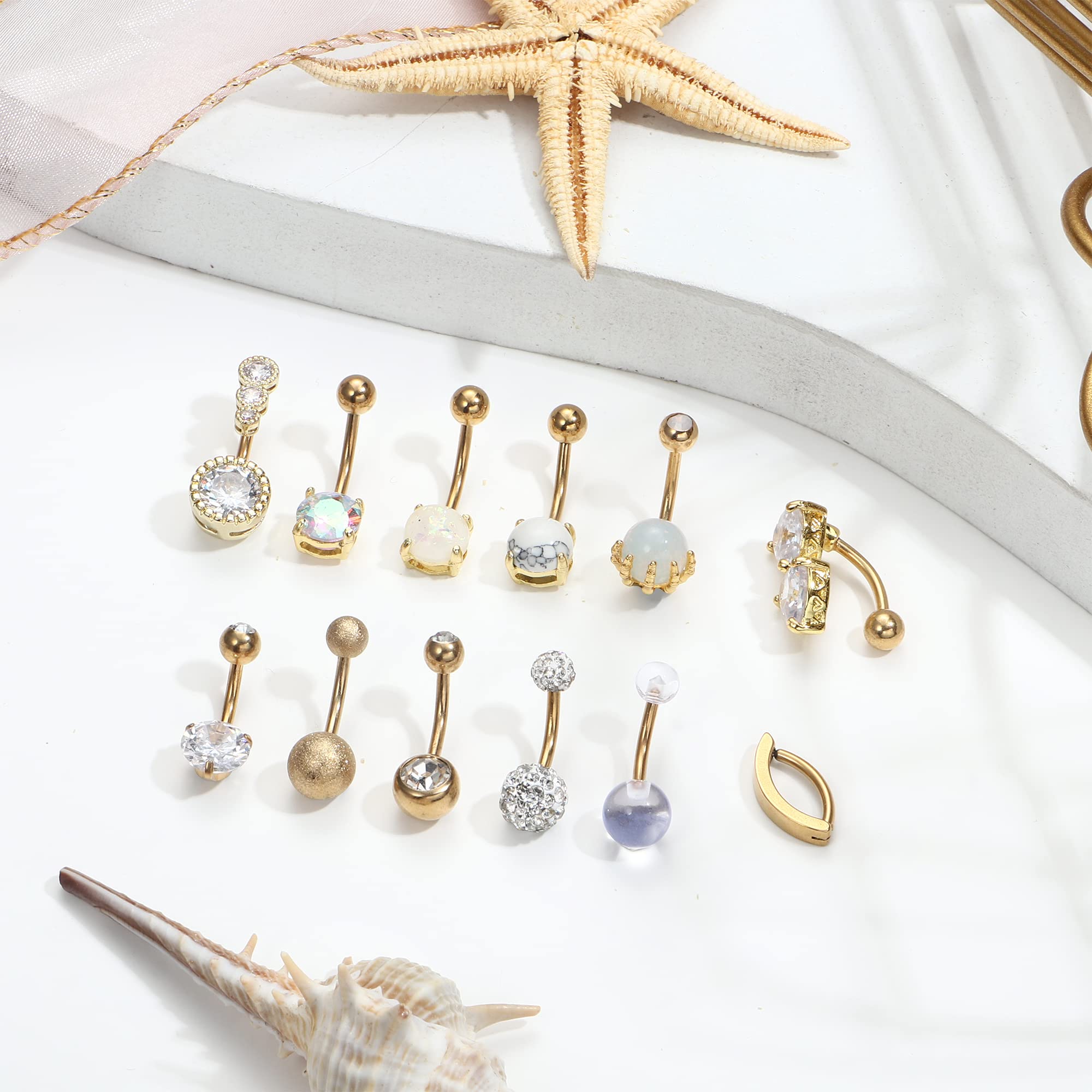 LOLIAS 12Pcs 14G Belly Button Rings Pack for Women Short Navel Ring Unique Opal White Turquoise CZ Moonstone Belly Button Rings Pack with 4Pcs Replacement Balls,Gold