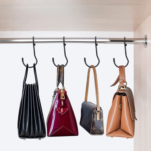 Purse Hanger for Closet - 10 Pack Closet Hooks for Bags - Unique Twisted Design Closet Rod Hooks Saves Space, Large Size Purse Hooks for Hanging Handbags, Belts, Scarves, Hats, Clothes - Black