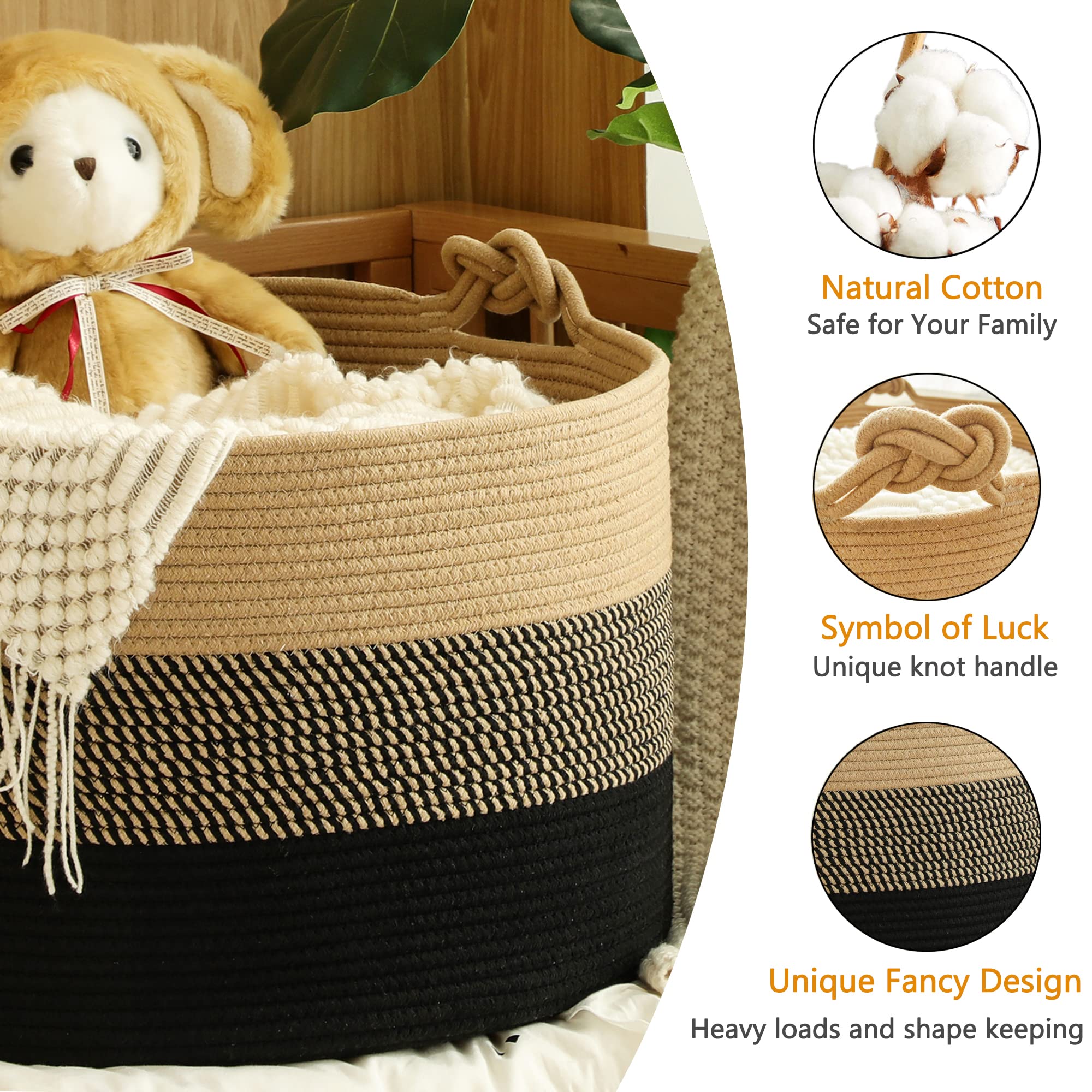 KAKAMAY Large Blanket Basket,Woven Baby Laundry Hamper for Storage, Cotton Rope Blankets Baskets for Nursery, Laundry, Living Room, Pillows, Baby Toy Chest with Handles (Black)