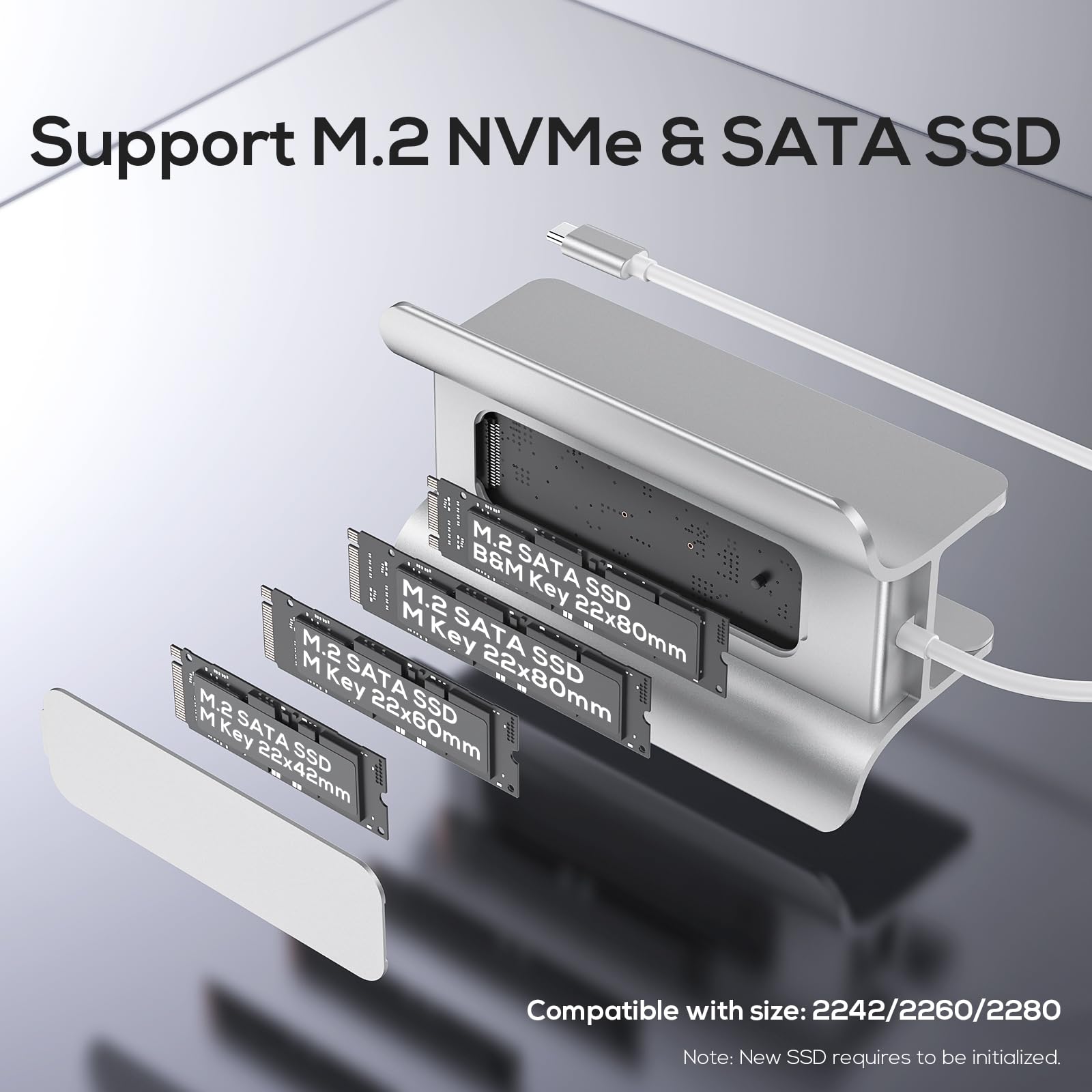 PULWTOP USB C Hub for Mac Mini, 5 in 1USB Hub Adapter Support M.2 NVMe SSD Expand, Docking Station with 2 USB C 10Gbps, SD/TF Card Reader, M.2 SSD (Not Included)