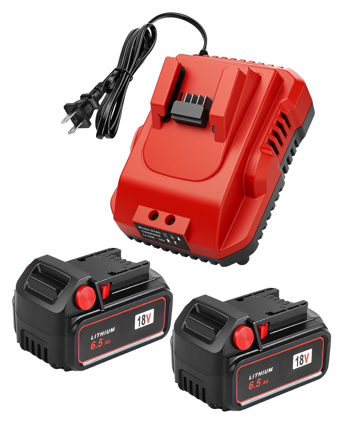 TOMORTOOL 2-Pack 18V 6.5Ah Replacement for Milwaukee M-18 Battery and 1 Charger(red)