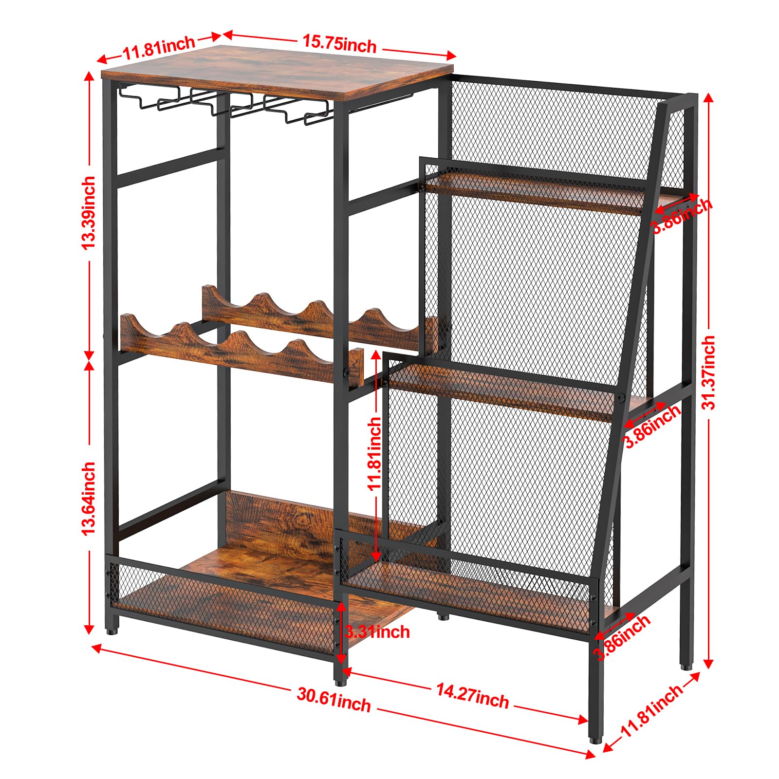 Versatile Liquor Stand for Home Bar, Wine Rack Freestanding Floor, Mini Bar Table for Liquor Whiskey Wine, 3-Tier Trapezoidal Liquor Bottle Display Shelf with Glass Holder and Fences(Patent Pending)