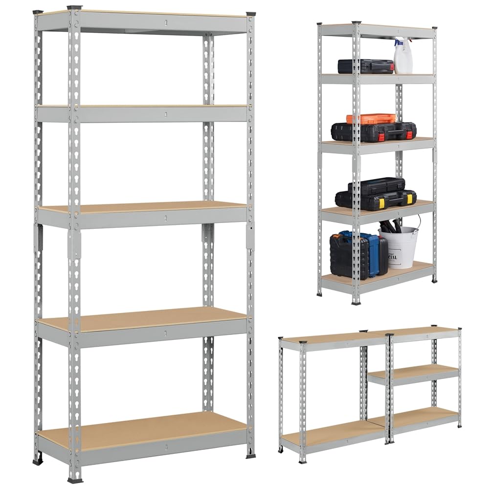 TTUDUSDP 4 Pieces of 5 Tiers Boltless Storage Shelf Goods Rack for Home Warehouse, Light Gray
