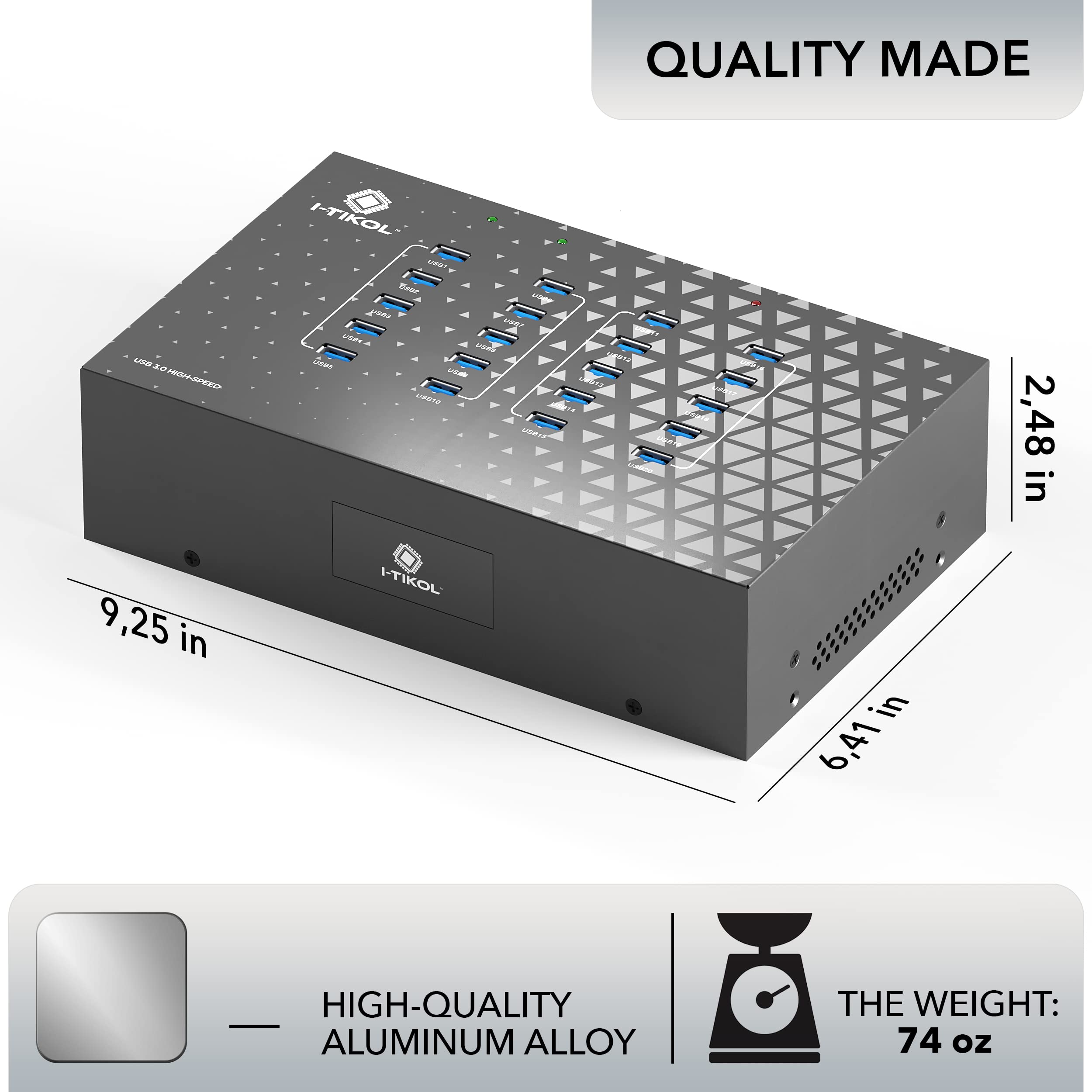 Powered USB Hub β 20 Port USB 3.0 Hub - 5Gbps Sync & High-Speed Data Transfer Multiple USB Splitter with Built-in 5V 40A Power Adapter - Fan & Mounting Brackets for Phone MB Laptop Tablet PC - 110V