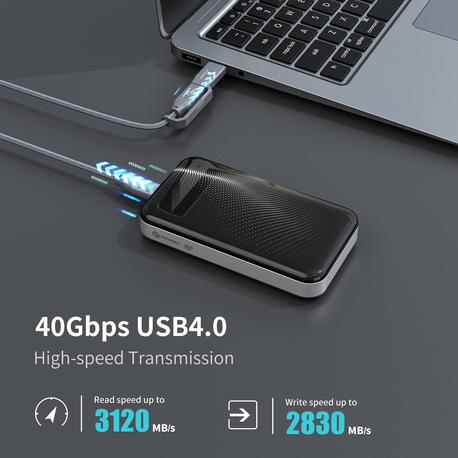 PHIXERO 2TB Portable SSD, 40Gbps Thunderbolt 4/3 USB4.0 up to 3150MB/s External Solid State Drive, High Speed Hard Drive for Photographers and Gaming Compatible with PC, Laptop, Mac and PS4/Xbox