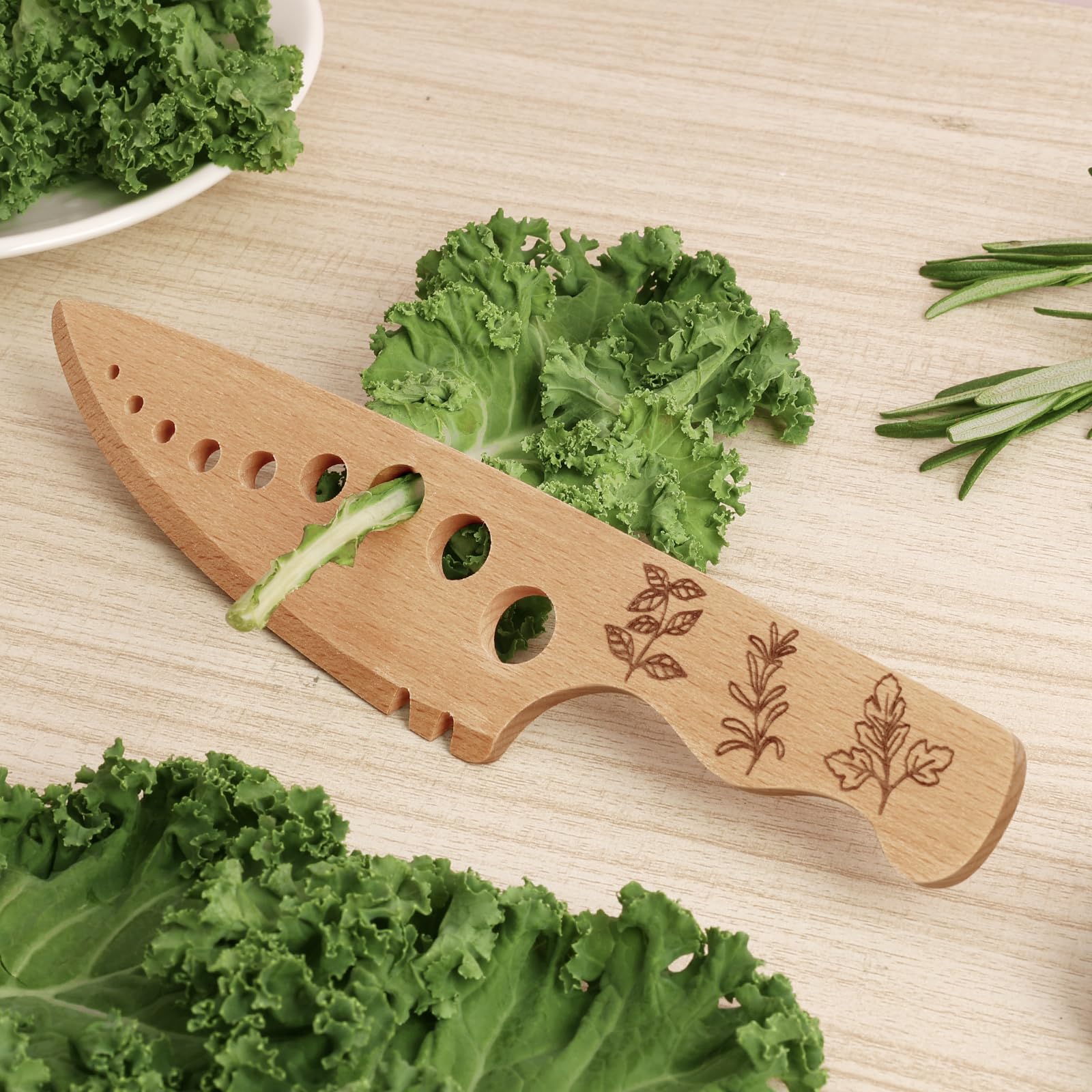 Wooden Herb Stripper Knife Leaves Cutter， Rustic Safe Kitchen Tool for Chopping with Engraved Parsley, Cilantro, Basil, Thyme, Rosemary, Sage Cooking Birthday Christmas Gift for Him Her Mom Housewife