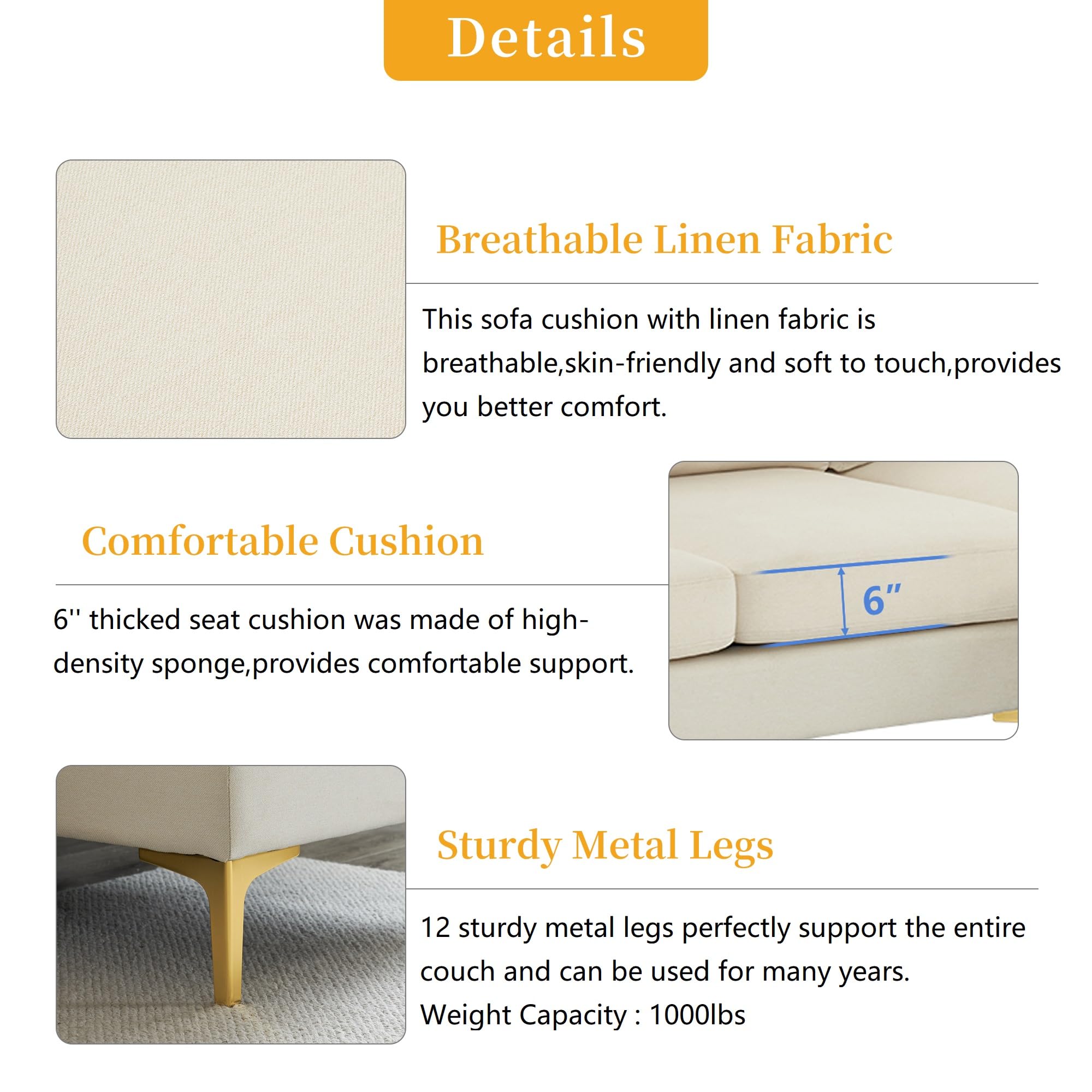 VERYKE Sectional Sofa Couch for Living Room, U Shaped Modern Sectional Sofa with Double Chaise,Minimalist Sectional Couch with Metal Leg for Home Office,Apartment (Linen Cream White)