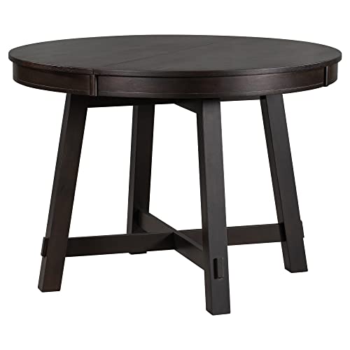 OYN 5-Piece Kitchen Room Furniture, Wooden Farmhouse Round Dining Table Sets with 4 Nailhead Decor Upholstered Chairs and Extendable Tabletop for 4 Persons Family Meal, Espresso