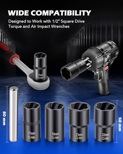 OMT Twist Socket Tool Set, 1/2" Drive 5pc Nut and Bolt Extractor Set, Rounded Bolt & Stripped Lug Nut Remover Tool Kit