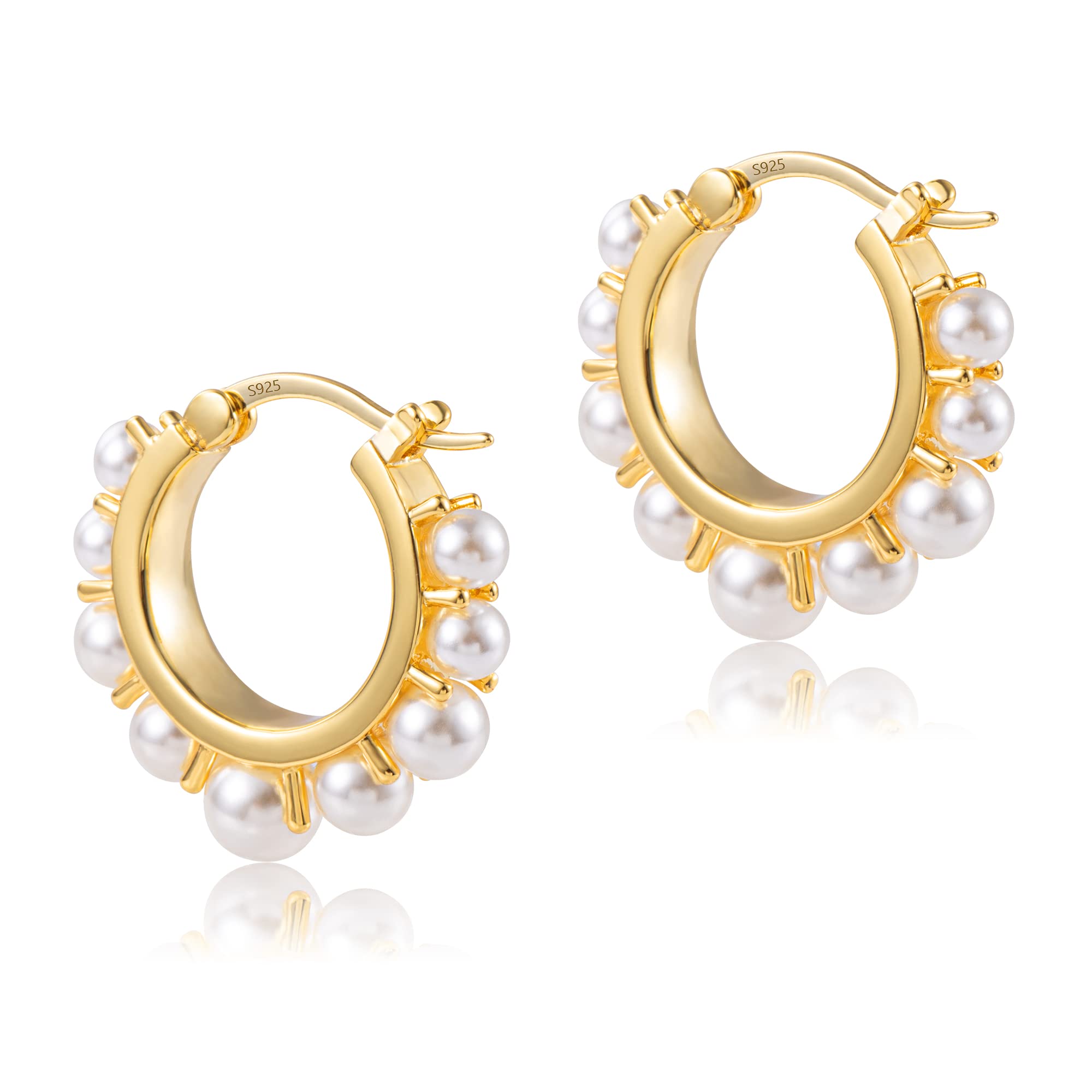 Lancharmed Gold Hoop Earrings with Pearl Twisted Small Hoops for Women Sterling Silver Post Small Pearl Huggie Hoop Earrings