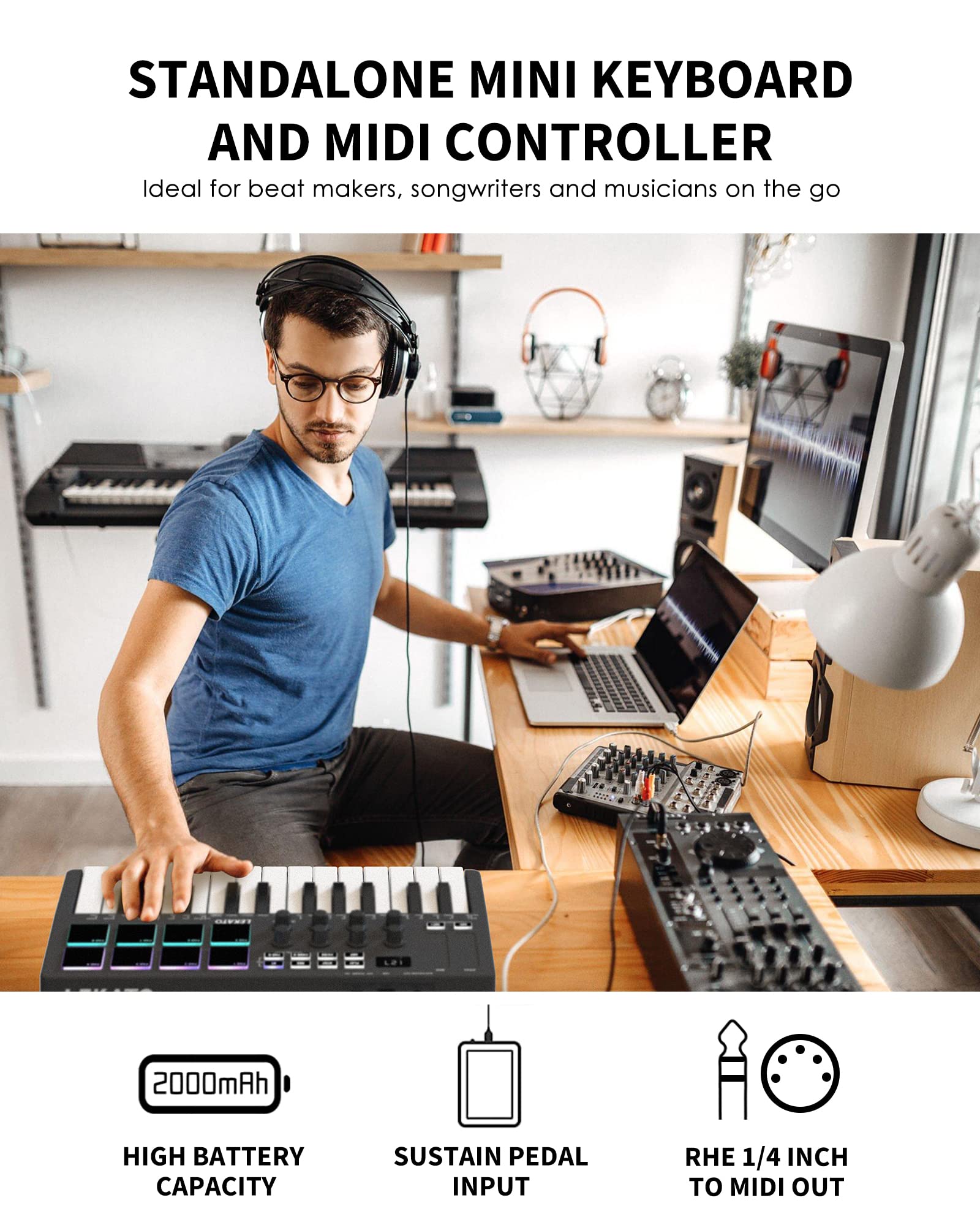 LEKATO 25 Key USB MIDI Keyboard Controller With 8 Backlit Drum Pads, Bluetooth Semi Weighted Dynamic Keybed 8 Knobs and Music Production, Smart Scales, Chords, Software Included