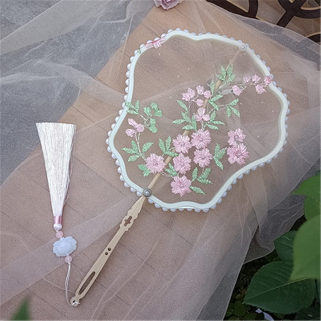 Lmtossey Chinese Traditional Embroidery Hand Fan Vintage China Ancient Costume Han Fu Dance Cheongsam Fan Long Handle Performance Props