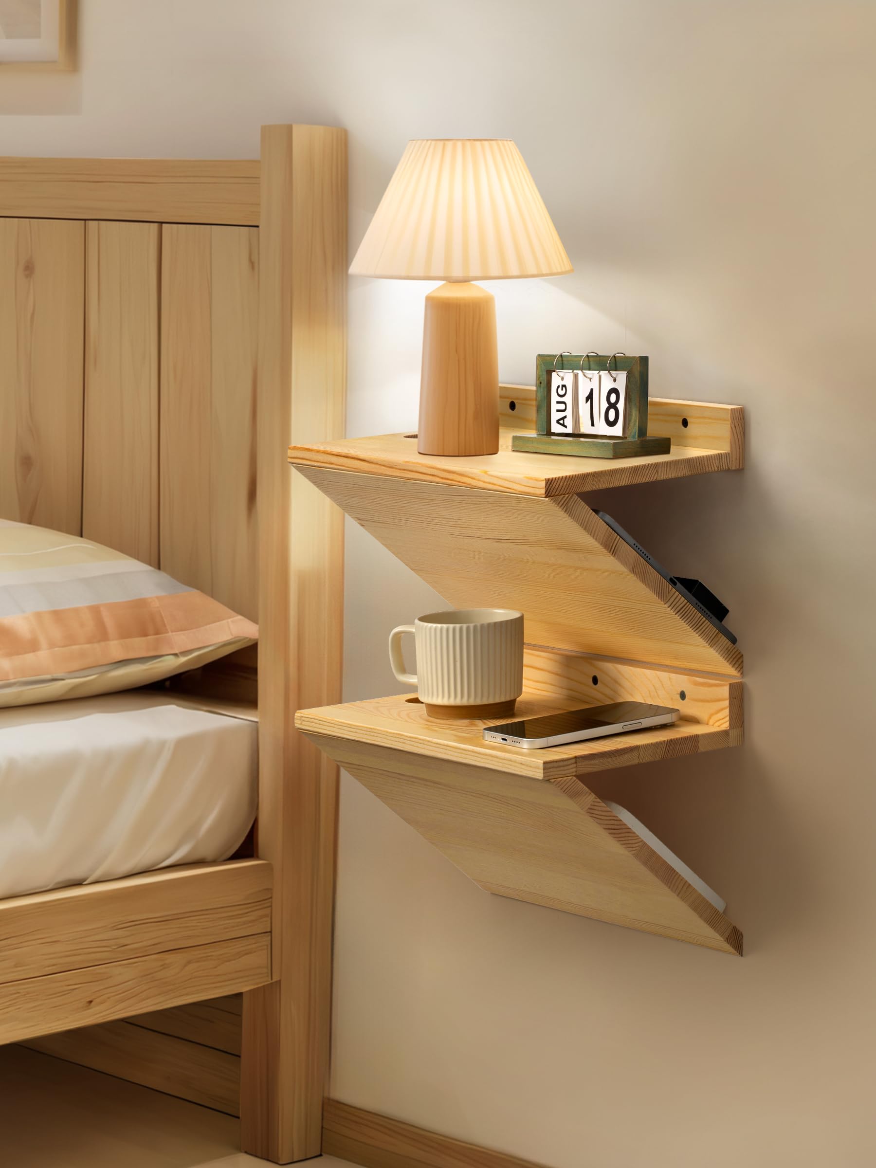 Sivapleso Floating Nightstand Set of 2, Natural Solid Wood Floating Bedside Tables Small Wall Mounted Nightstand Hanging for Bedroom