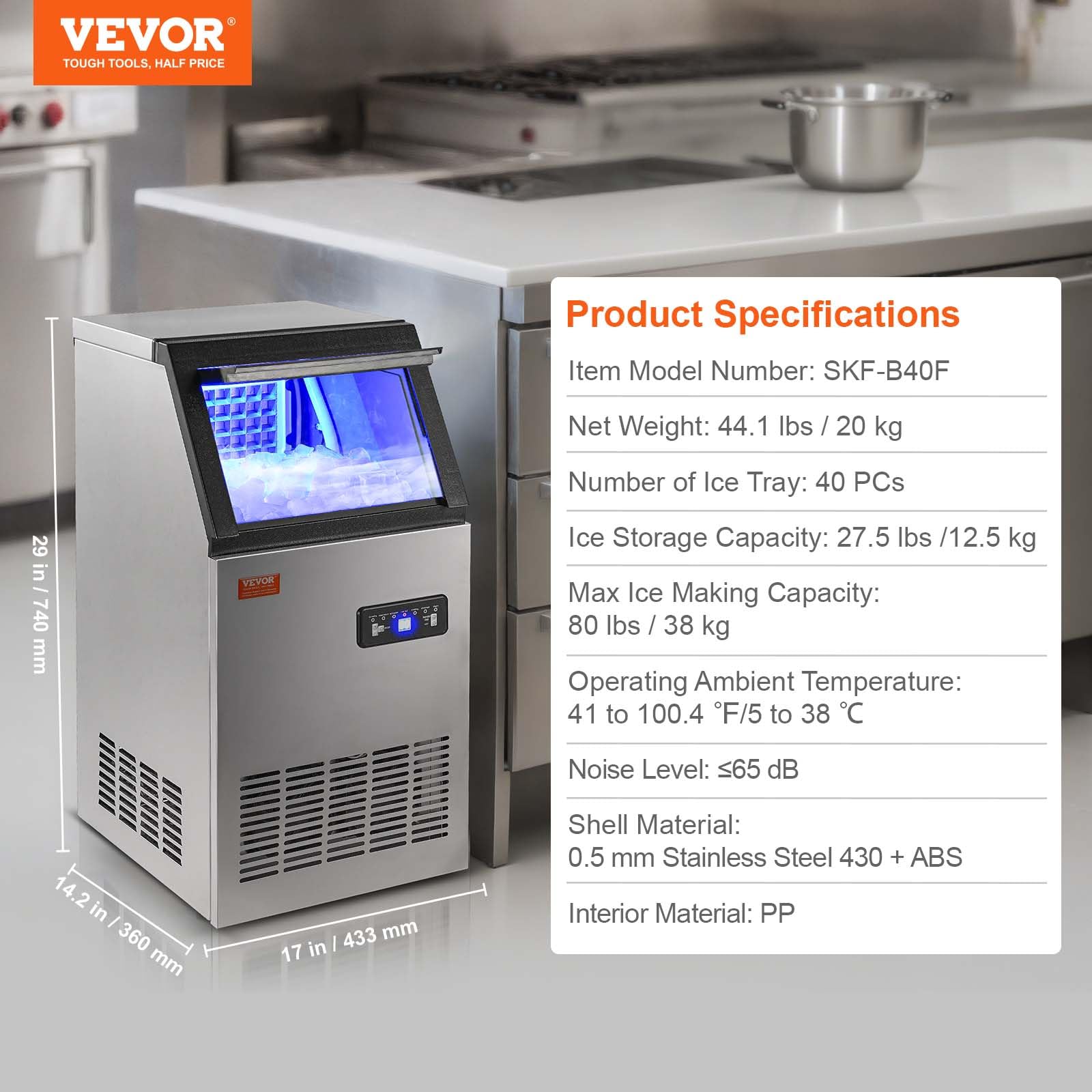 VEVOR Commercial Ice Maker Machine, 80lbs/24H Ice Maker Machine with 27.5lbs Storage Capacity, 40 Ice Cubes in 12-15 Minutes, LED Digital Display Commercial Ice Maker for Bar Home Office Restaurant