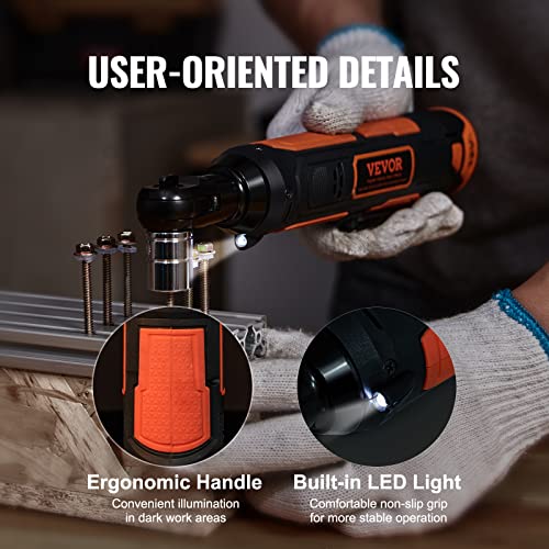 VEVOR Cordless Electric Ratchet Wrench Set 3/8", 12V 33 Ft-lbs Power Ratchet Tool Kit, 45-Min Fast Charge, 2-Pack 2.0Ah Battery, Built-in LED Light, 10 Sockets, Variable Speed Trigger
