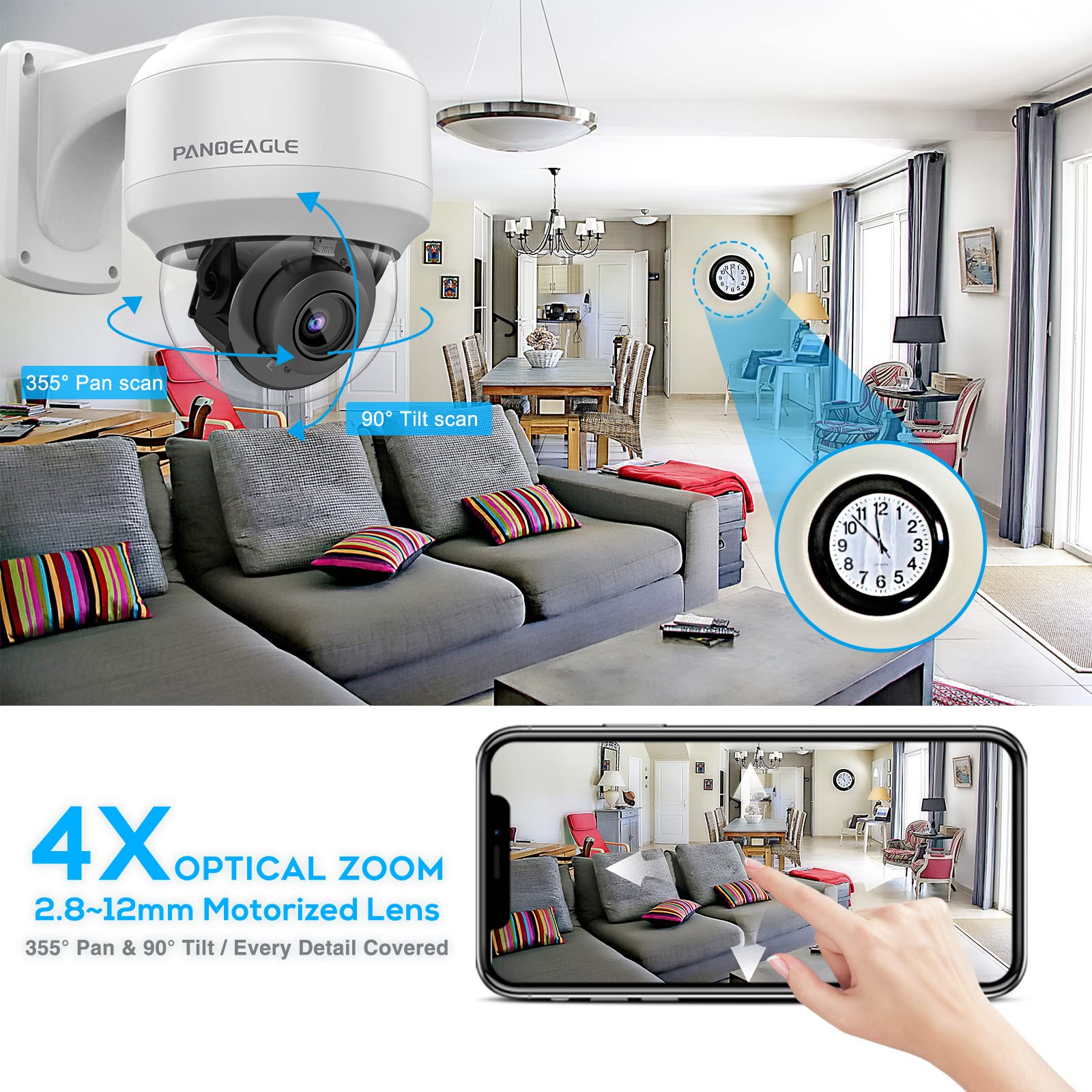 PANOEAGLE 8MP PTZ PoE IP Camera Outdoor Dome with 4X Optical Zoom 16x Digital Zoom,Built-in Mic,164ft IR Night Vision,IP67,IK10,Human Vehicle Detection