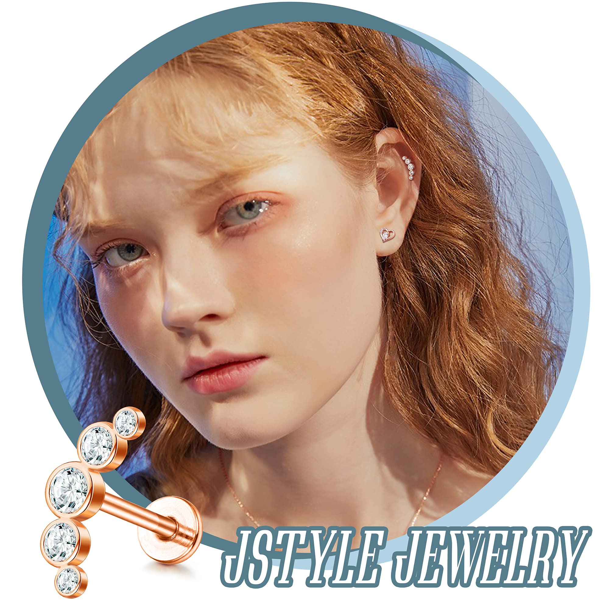Jstyle 6Pcs Cartilage Earrings Stud Internally Threaded CZ Moon Heart Leaf Helix Tragus Conch Labret Monroe Lip Piercing Jewelry 16G RG6
