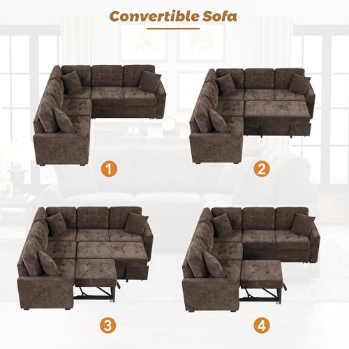 WOODRK 82.6" L-Shaped Sleeper Sofa Bed with Pull-Out Beds, Modern Convertible Couch with Wheels, USB Charging Ports, Power Sockets and 3 Pillows, for Living Room, Office, Brown