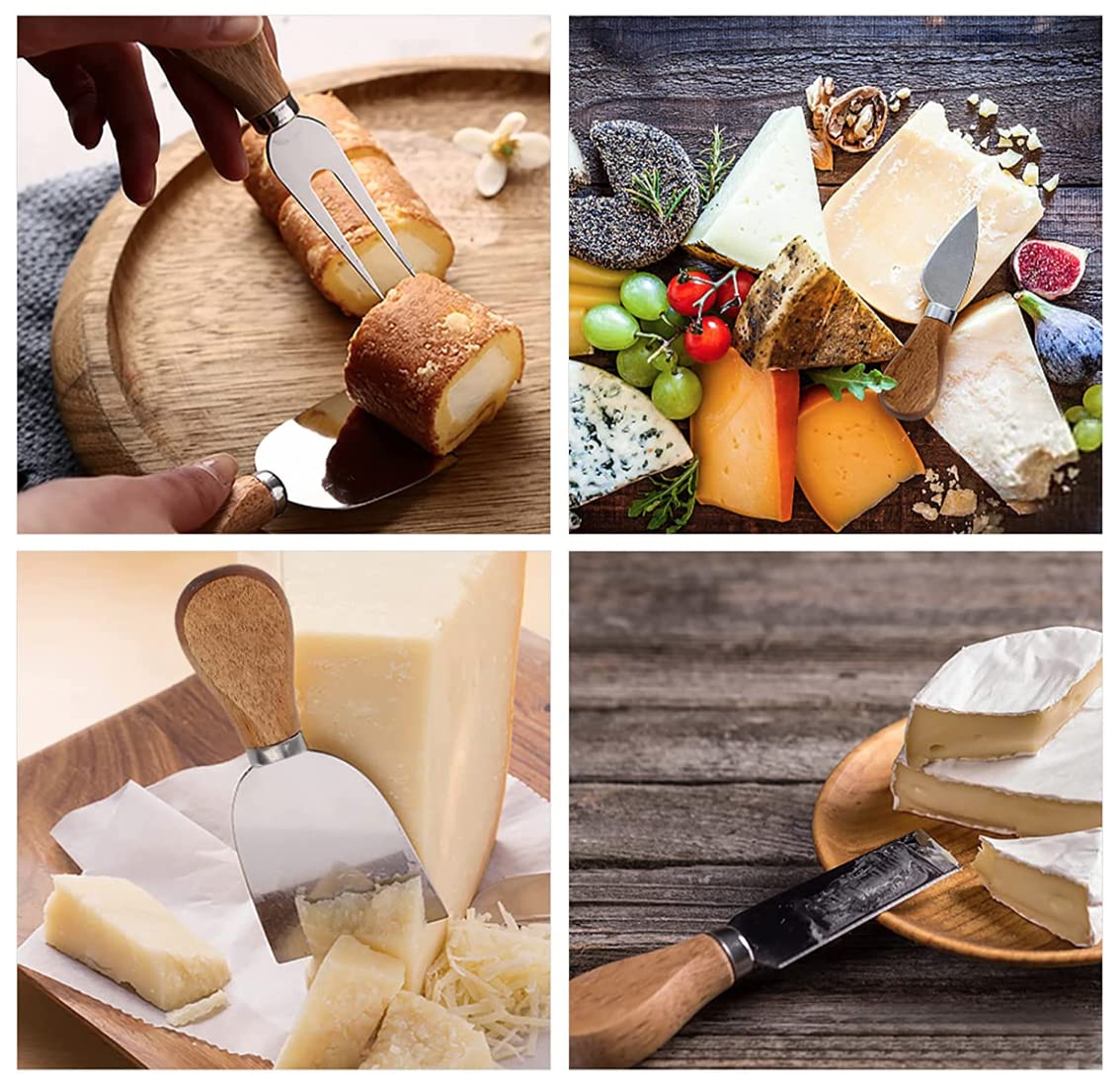 Makenna Premium Specialty Cheese Knife Set β Custom Storage Case Gift Box, Wide Solid Wood Handle, Stainless Steel Blade, Spreader, Slicer, Fork, 6 Pc Knives, Spatula for Charcuterie Board