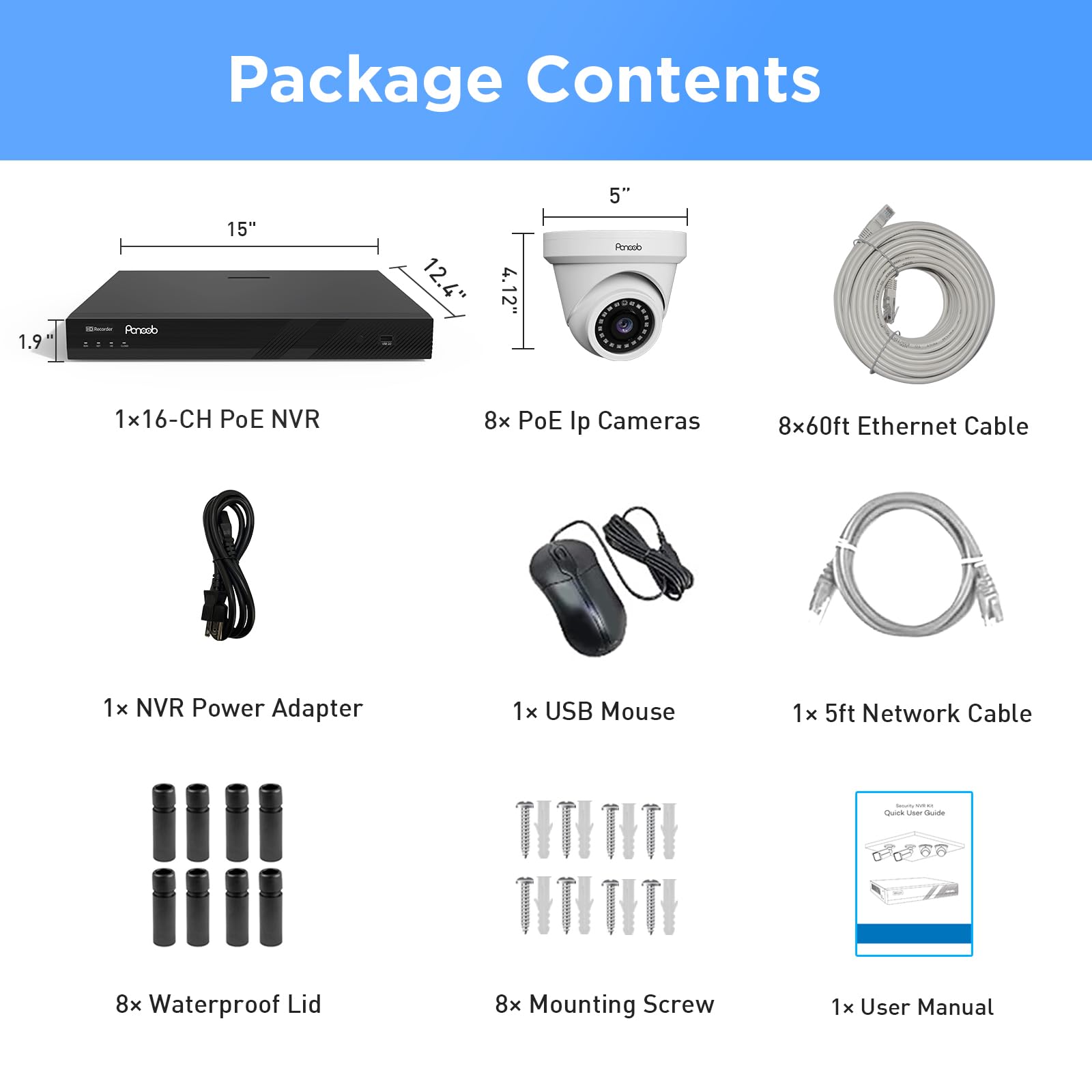 PANOOB 8 Camera Security System, 4K 16 Channel NVR 4TB HDD,(8) Outdoor 6MP Surveillance Dome IP POE Cameras Wired with Mic, AI Person Vehicle Detection,100ft IR Night Vision,Wide Angle, PD0816-6M