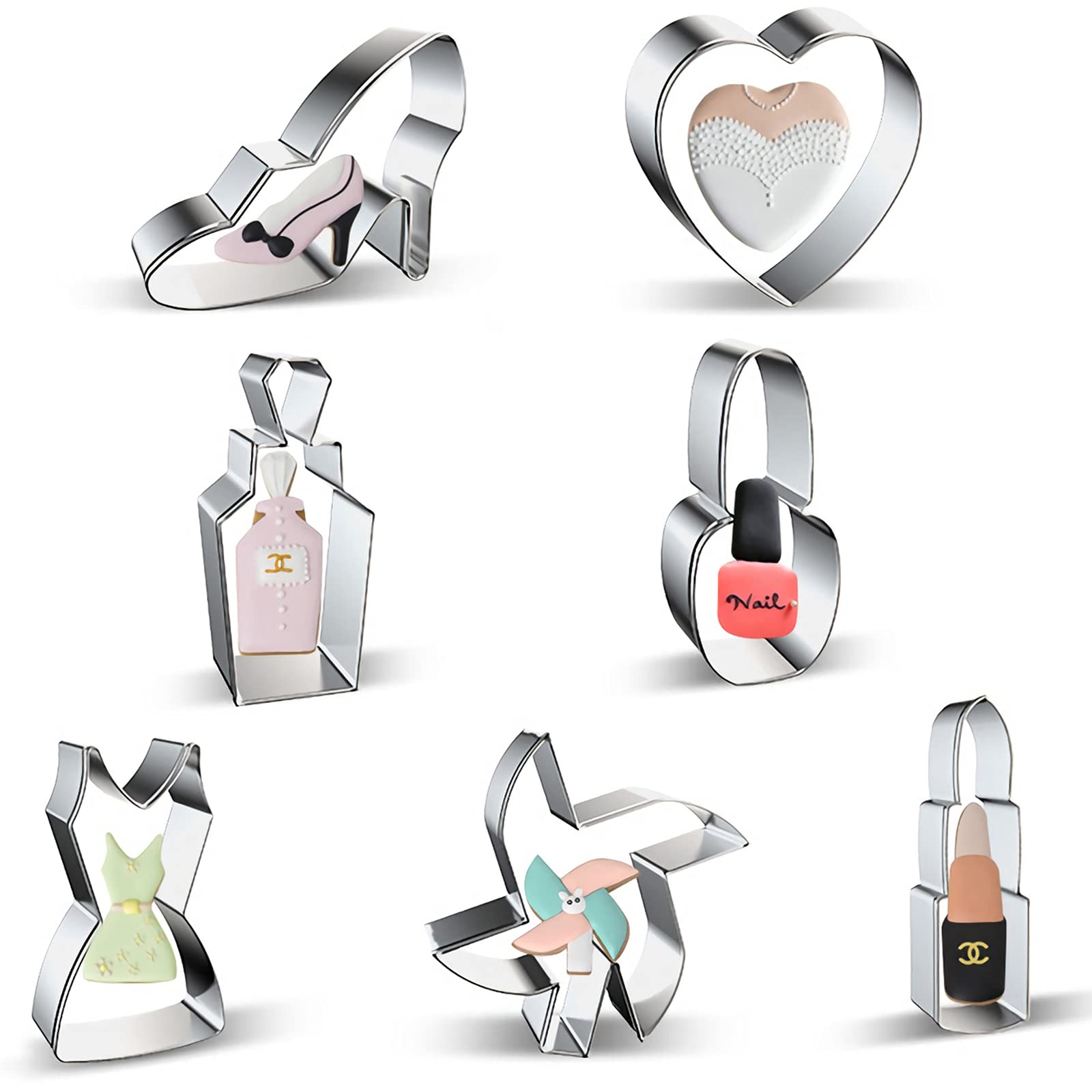 Makeup Dress Up Cookie Cutters Shapes Set of 7 - High Heel, Heart, Perfume, Nail Polish, Dresses, Windmill, Lipstick Shaped Women Girl Ladies Princess Fashion Cookie Cutter for Birthday Valentine Day