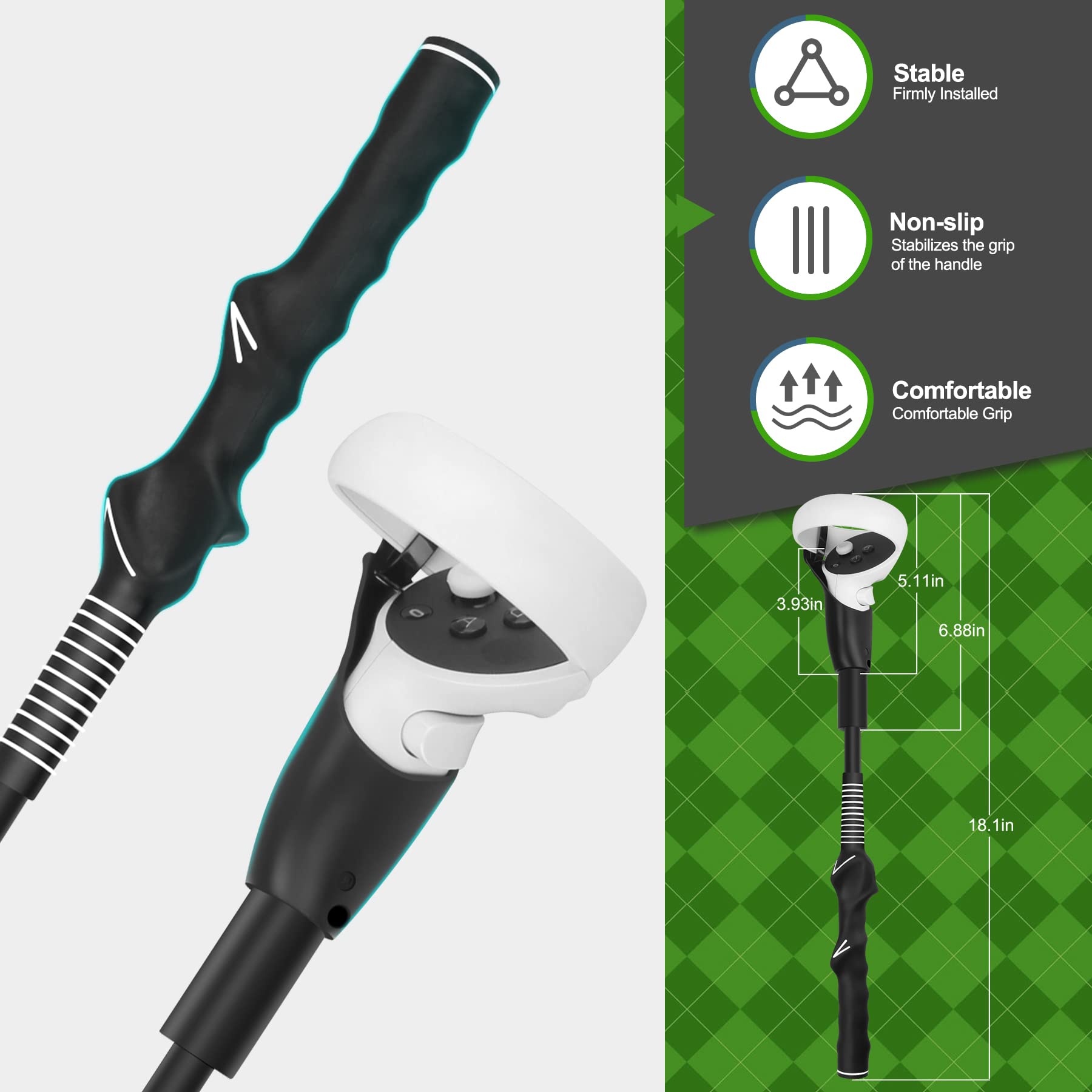 MASiKEN VR Extension Handle For Meta/Oculus Quest 2 Golf Club - Longer Controller Accessories With Real Golf Grip, Realism Waving Golf Adapter In VR Quest 2 Games (Right Controller)