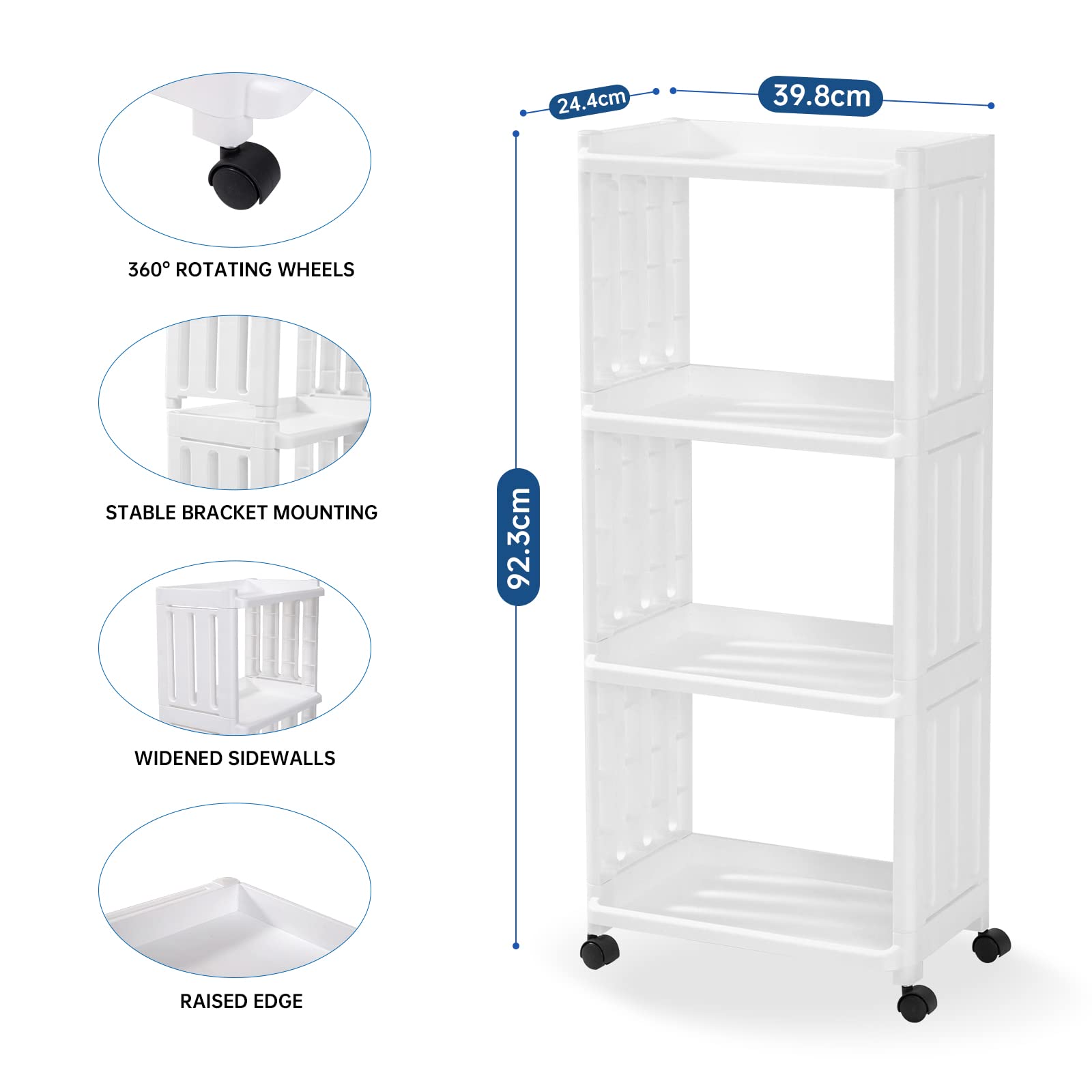 HAIXIN 4-Tier Plastic Utility Rolling Cart with Wheels, Mobile Storage Shelves Organizer, Snack Cart Organizer, Multi-Functional Storage Trolley for Kitchen, Bathroom, Living Room, Office, Dorm, White