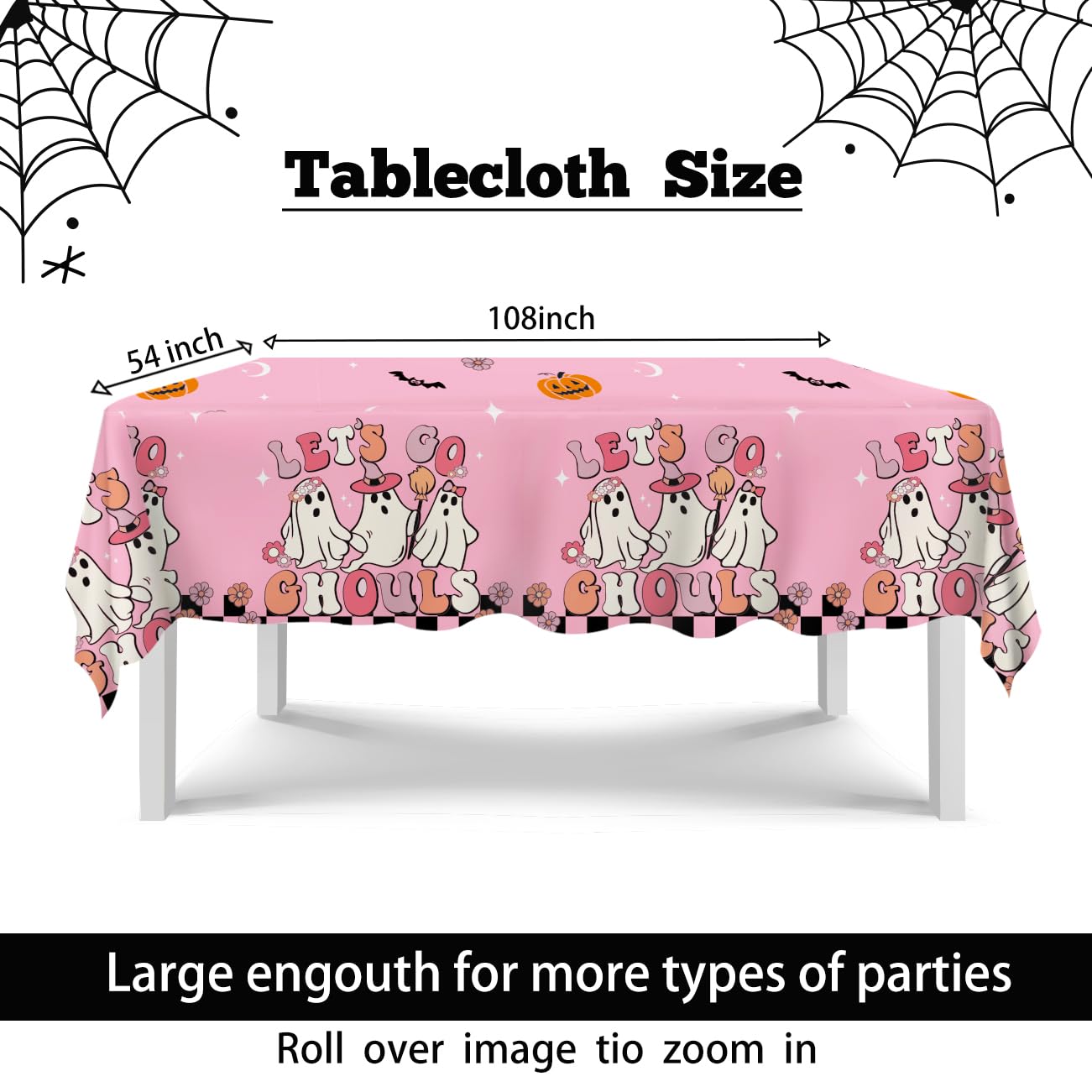 Pink Halloween Decorations Halloween Tablecloth Cute Ghost Let’s go Ghouls Pumpkin Table Cover for Halloween Party Spooky Theme Disposable Plastic Table Cloth for Halloweens Table Decor