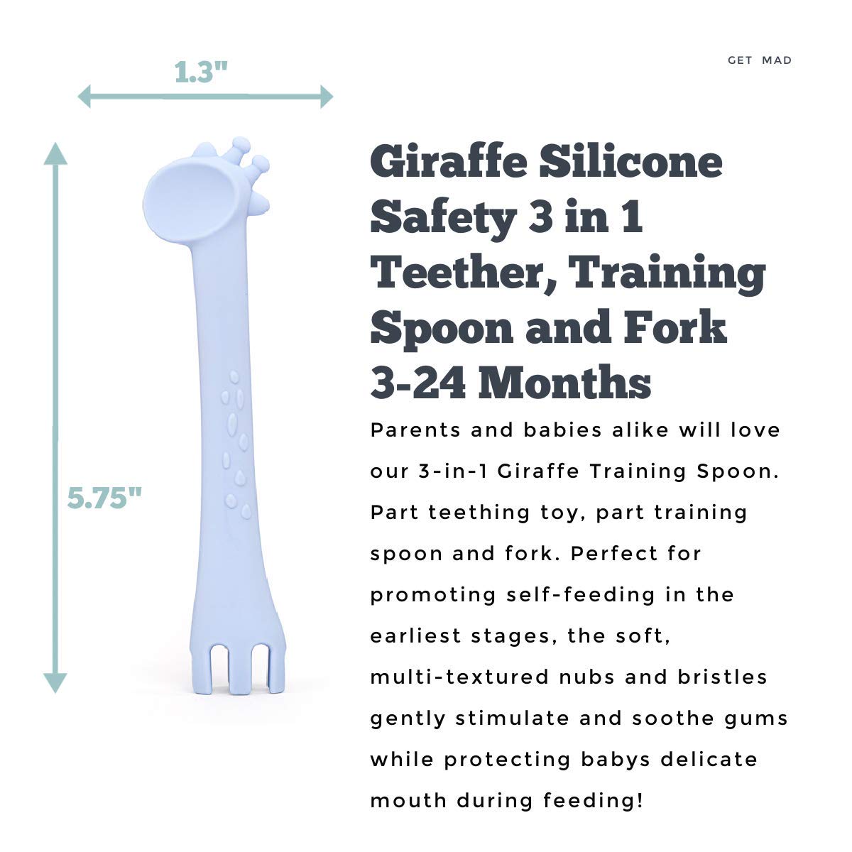 Just4Tots by MAD 3 in 1 Giraffe Silicone Safety Feeding Spoon, Fork, and Teether | Self-Soothing Giraffe Teether for Babies, Infants, Toddlers, Girls or Boys | BPA Free | 0-36 Months (Pastel Blue)