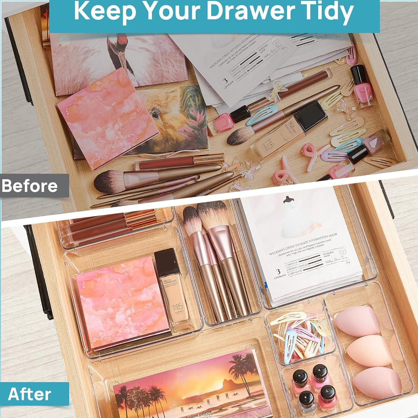 SNOW COOLER 28 PCS Clear Plastic Drawer Organizers Set, Versatile Bathroom and Vanity Drawer Organizer Trays, Storage Bins for Makeup, Bedroom, Kitchen Gadgets Utensils and Office