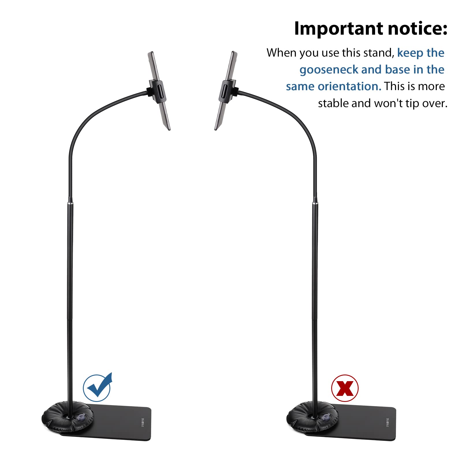 PHOPIK Tablet Floor Tripod Stand - 69.5" Adjustable Height Flexible Gooseneck Ipad Tripod Stand - Compatible with iPad Mini, All Cell Phones iPhone & Tablets (4.3''-9.8'')