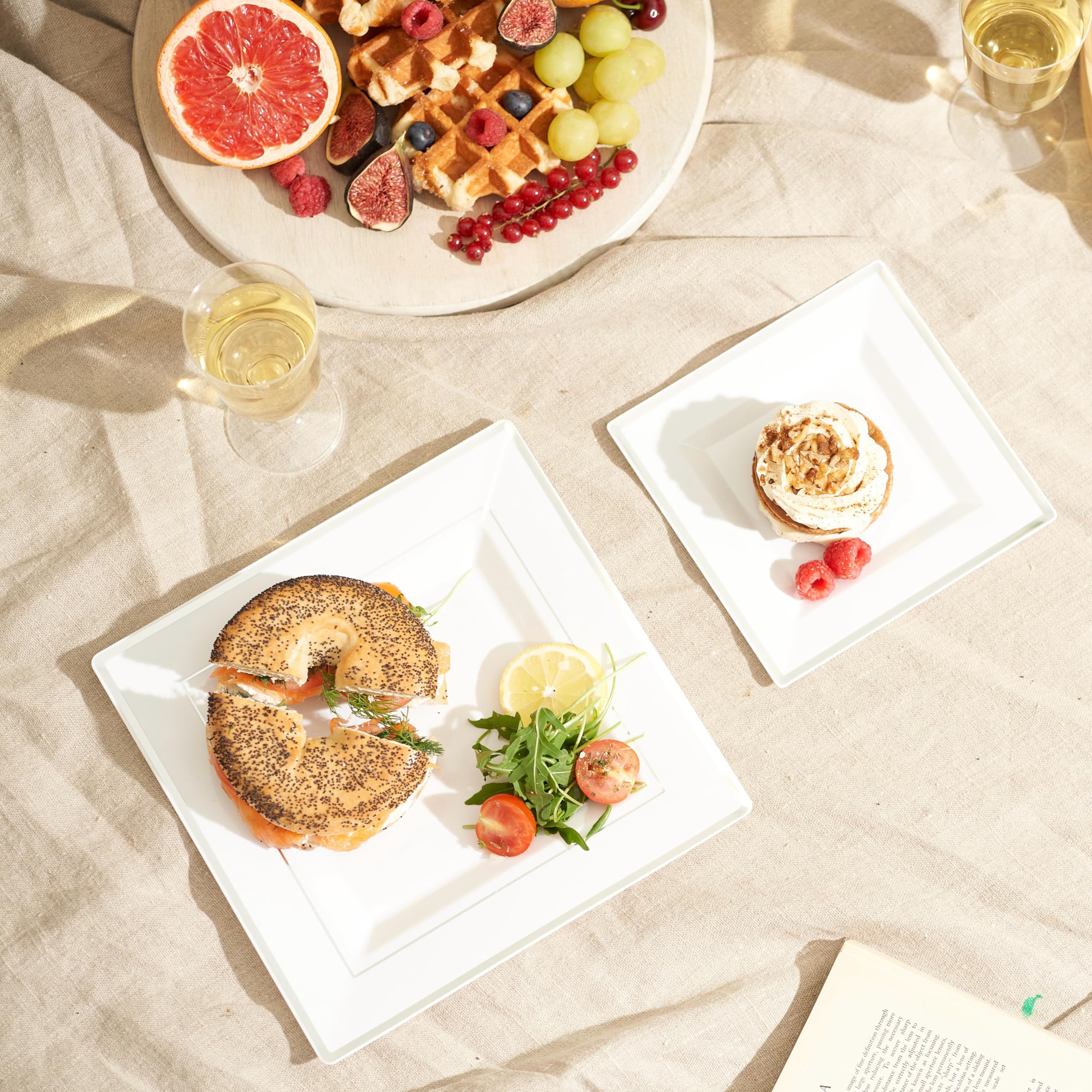 MATANA 40 Fancy White Plastic Plates for Party with Silver Rim - Heavy Duty Square Dinner Plates 9.5" Inch x 20, Salad & Dessert Plates 6.5" Inch x 20 for Wedding Reception, Birthday Parties & Events