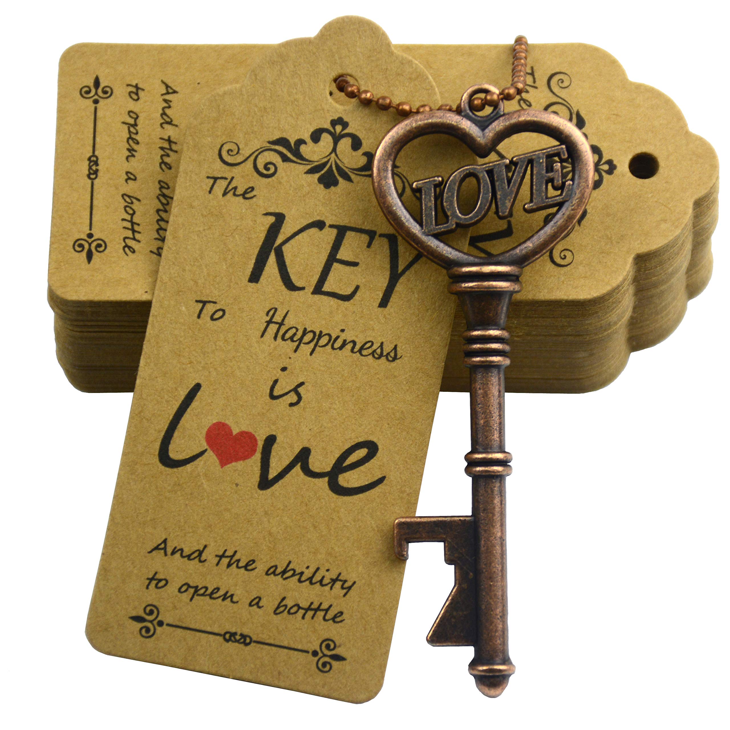 Makhry 52pcs Vintage Skeleton Key Bottle Opener with Love Heart Escort Thank You Tags and Keychain as Wedding Favor for Wedding Guest Wedding Decor (Antique Copper)