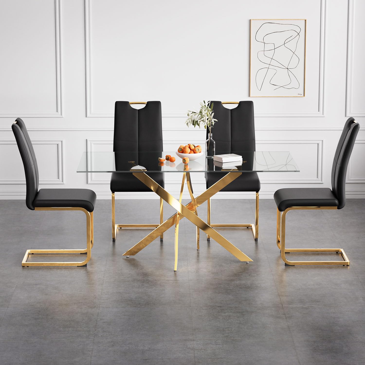 HAIZAO Dining Table Set for 4, Modern Rectangular Tempered Glass Top Table and PU Leather Chairs for Dining Room, Living Room, Kitchen, Plain Back, White with Gold Base