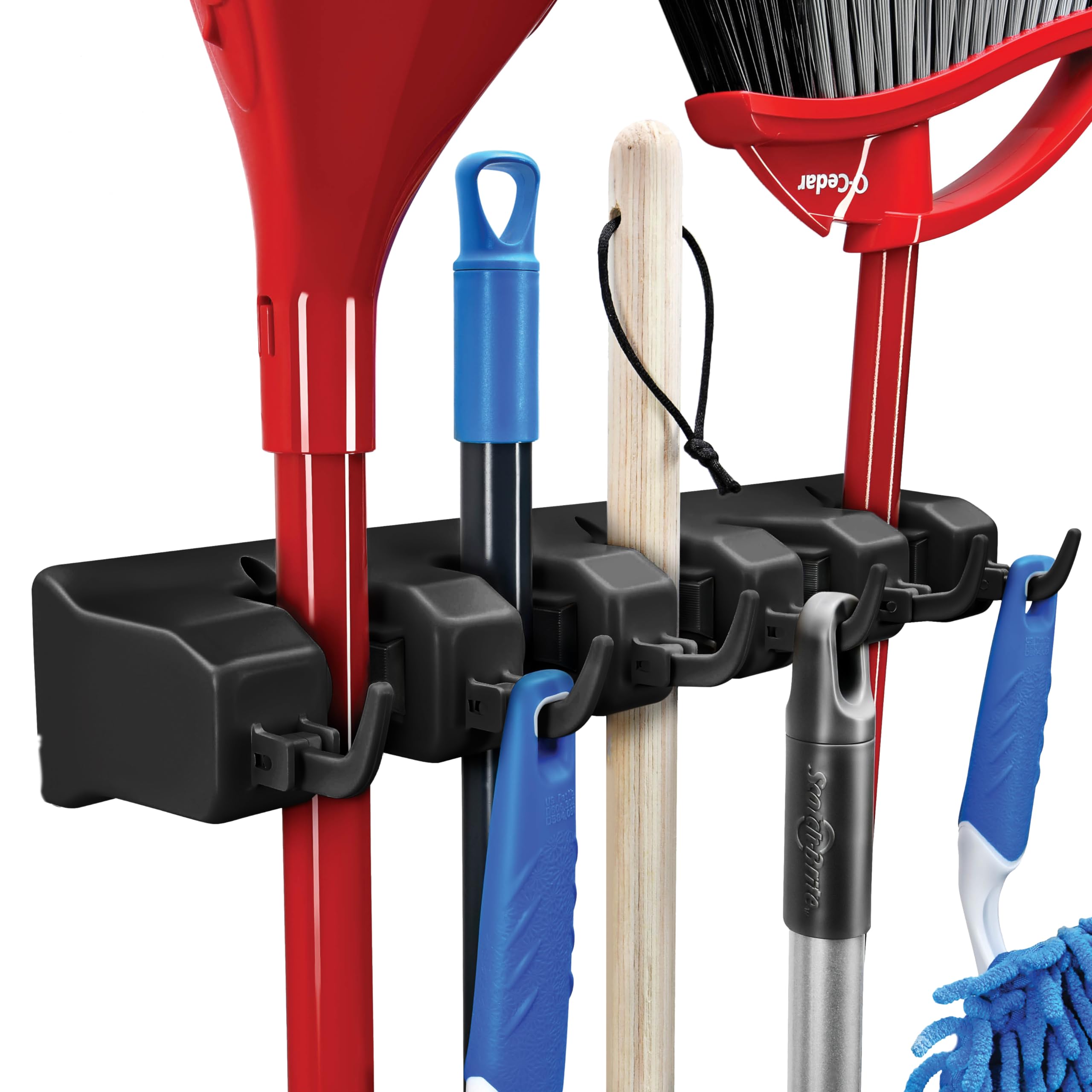 Mop and Broom Holder Wall Mount - Garage Storage Organizer with 5 Slots, 6 Hooks, 7.5lbs Capacity Per Slot - Home, Kitchen, Closet, Garden Tools, Laundry Room Organization โ Black Broom Hanger