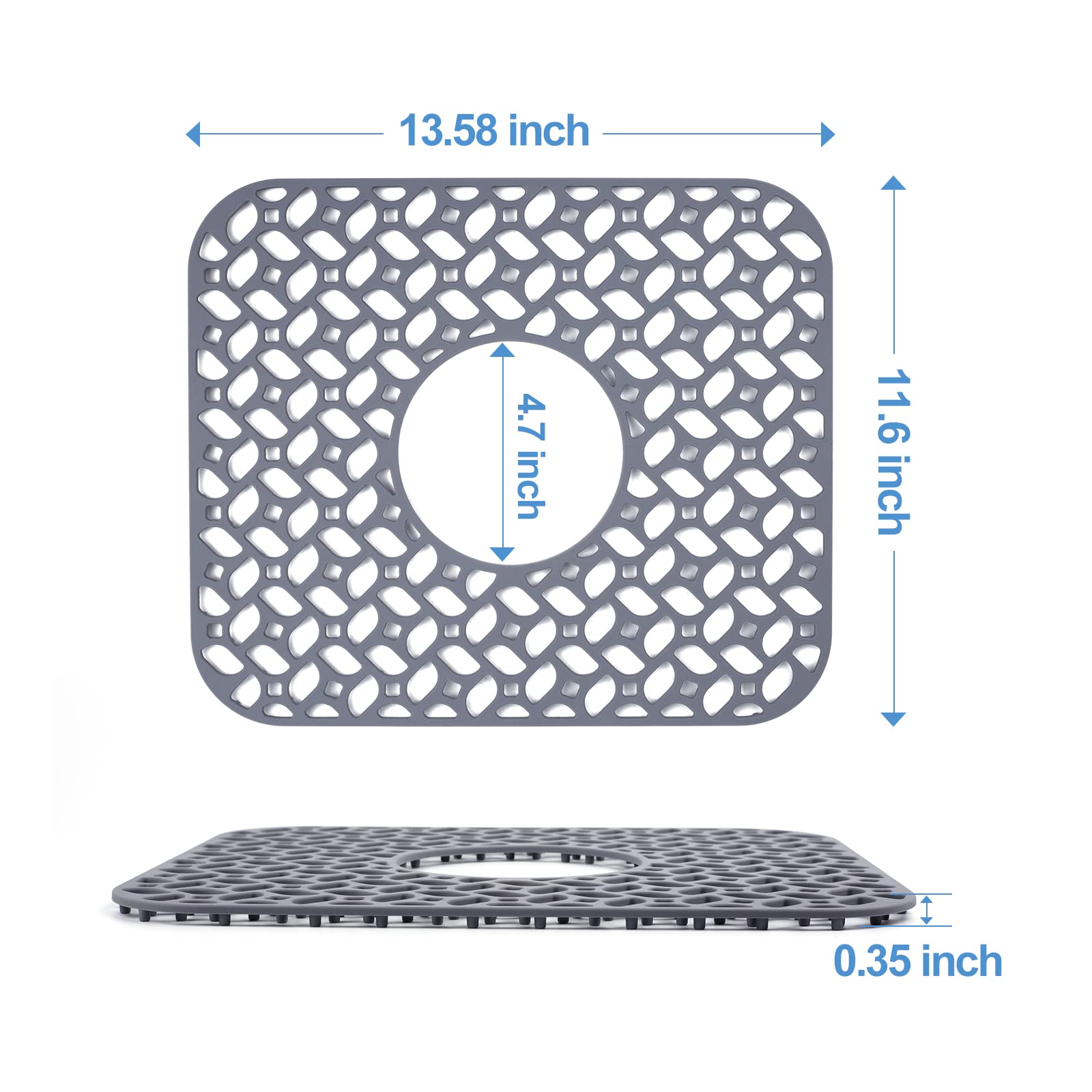 JUSTOGO Silicone Sink Mat, Grey Kitchen Sink Mats Grid Accessory, 2 PCS Folding Non-Slip Sink Protector for Kitchen Bottom of Farmhouse Stainless Steel Porcelain Sink (Center Drain, 13.58''x 11.6'')