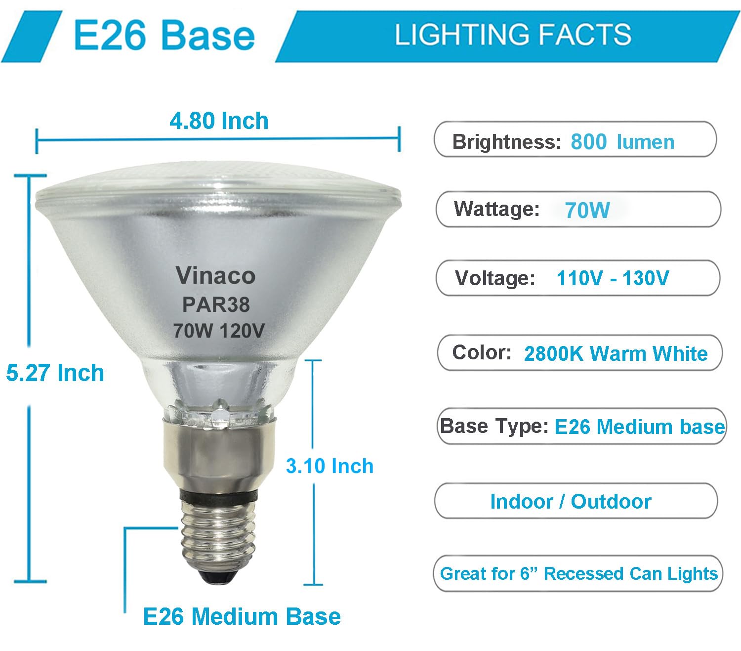 Vinaco PAR38 Flood Light,4 Pack PAR38 Halogen Flood Light Dimmable 70W 120V, High Brightness 800LM, PAR38 Bulb with E26 Base,2800K Warm White Ideal for Indoor/Outdoor