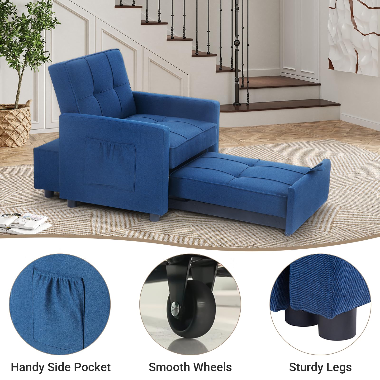 Skepphlay 3 in 1 Sofa Bed, Pull Out Couch with 3-Level Adjust Backrest, Convertible Loveseat with 2 Side Pockets, Sleeper Chairs for Adults, Modern Recliner for Living Room, Small Space, Blue