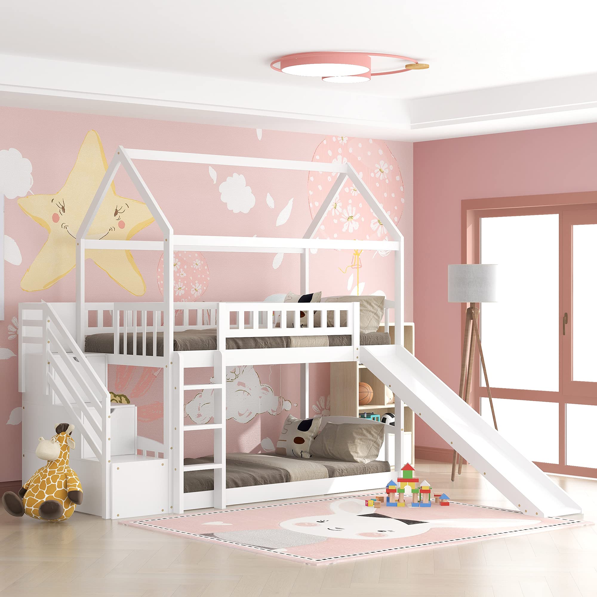 Twin Over Twin Bunk Bed for Kids Toddlers, House Bunk Bed Farm with Storage Steps and Slide Ladder Roof Guardrail for Girls/Boys, No Spring Box Required (White--Wood)