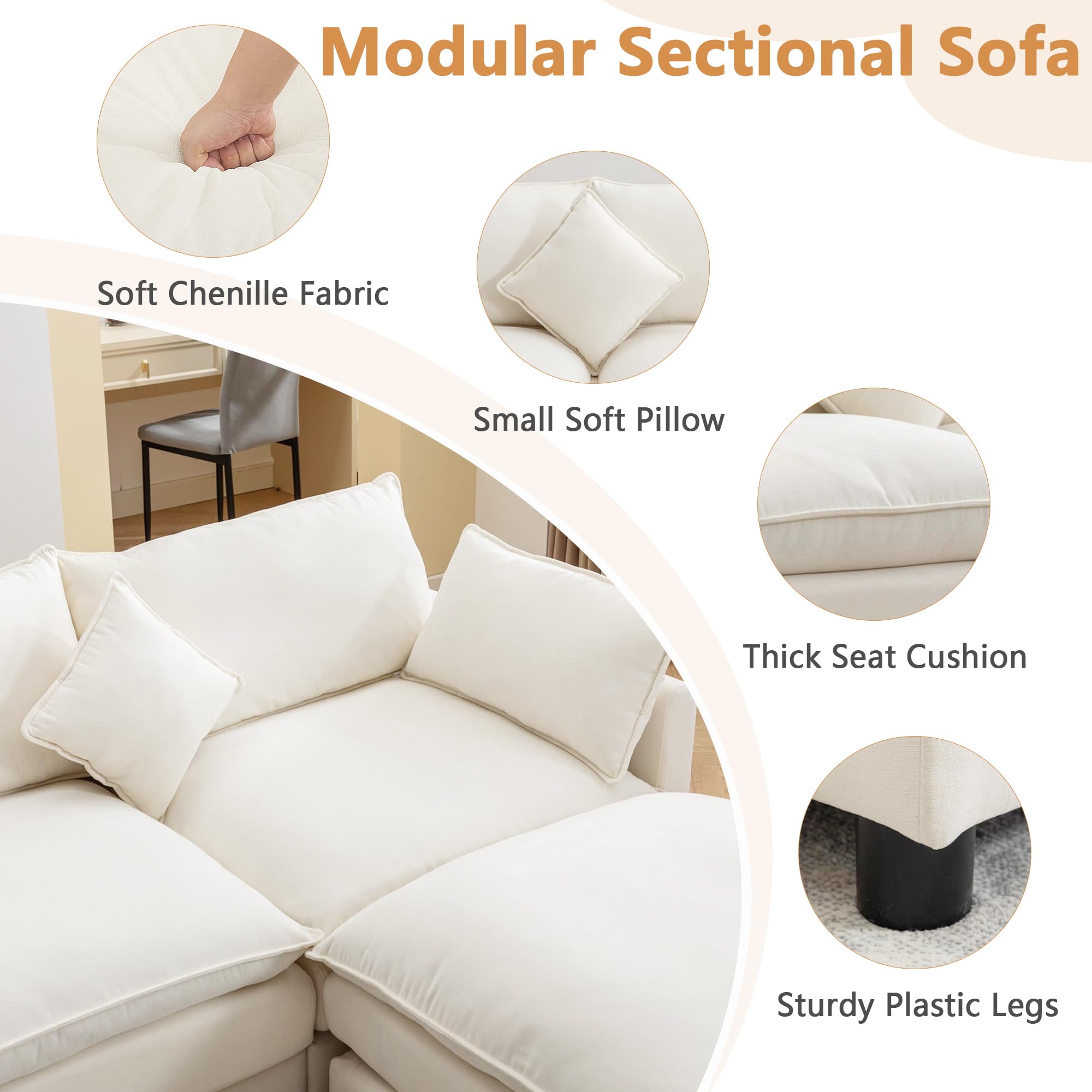 Setawix Modular Sectional Sofa Set for Living Room, Chenille L Shaped Sofa with Movable Ottoman, Modern Comfy Cloud Couch with Throw and Arm Pillows, Deep 3-Seater Sofa Couches for Apartment, Orange