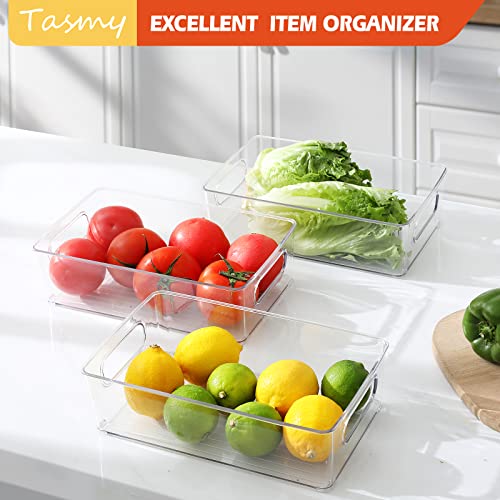 Tasmy Set of 4 Refrigerator Organizer Bins - Stackable Fridge Organizers with Handles for Freezer, Kitchen, Countertops, Cabinets - Clear Plastic Pantry Food Storage Rack, BPA Free