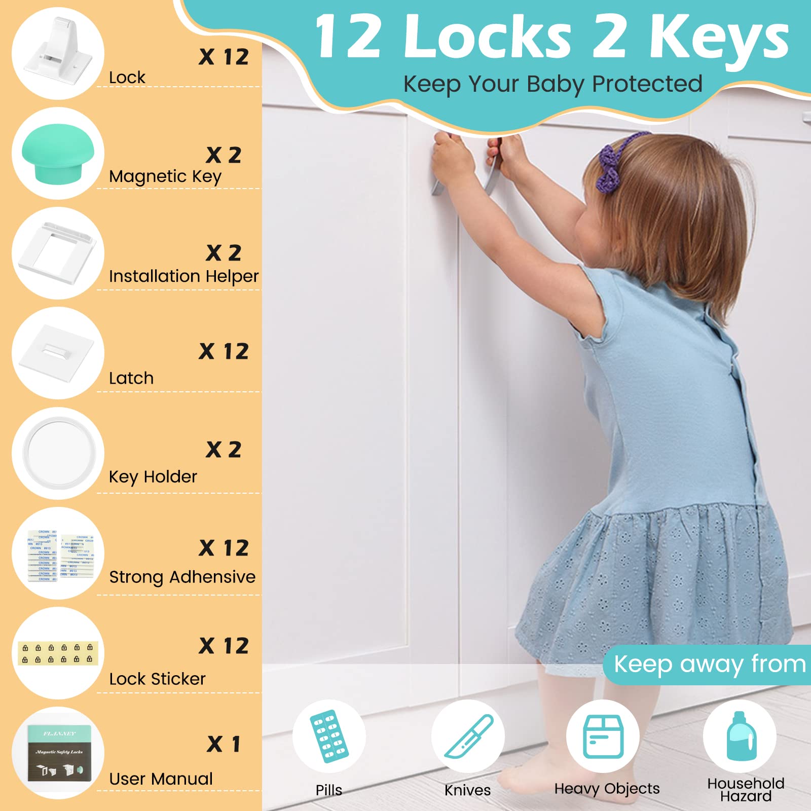 Magnetic Cabinet Locks Baby Proofing 12 Pack, Children Proof Cupboard Drawers Latches, Adhesive Easy Installation No Drilling Required(12 Locks and 2 Keys)