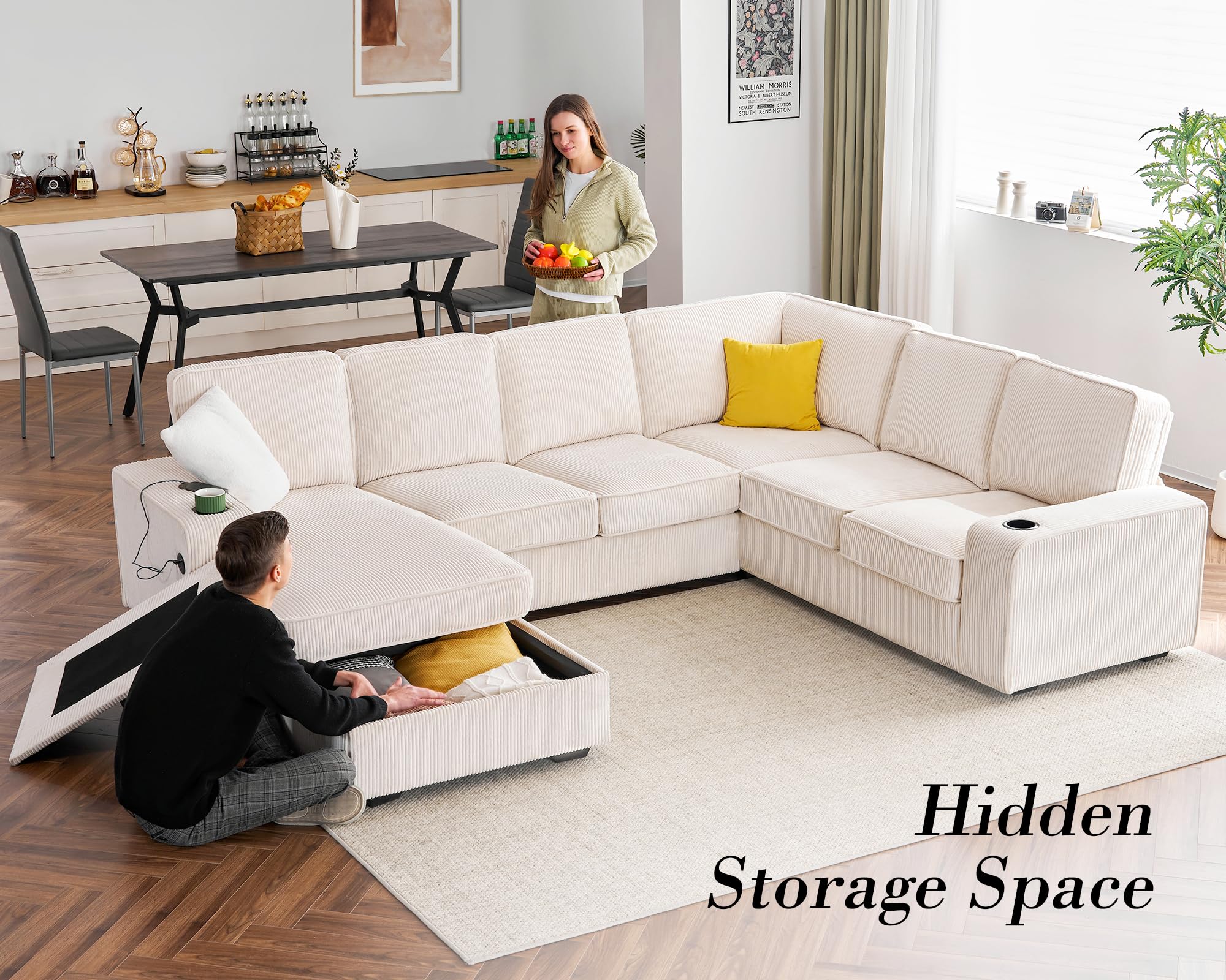 PaPaJet 112 inch Sectional Sofa, Oversized Sofa with Storage Chaise, U Shaped Sofa Couch with USB Ports, Corduroy Couch—Grey