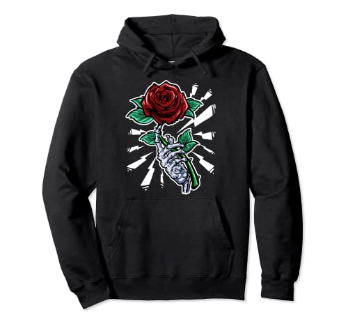 Tattoo Skeleton Hand Red Rose Flower Pullover Hoodie